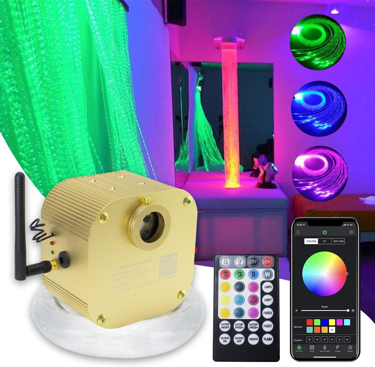 16W RGBW Fiber Optic Curtain Light Kit, 300 Strands Flash Point ...