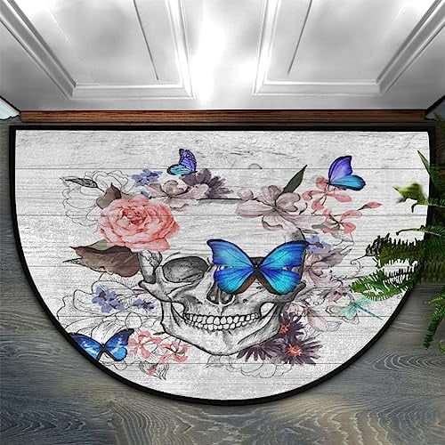 16X24 InchHalf Round Door Mat,Vintage Skull Flower Butterfly Non Slip ...