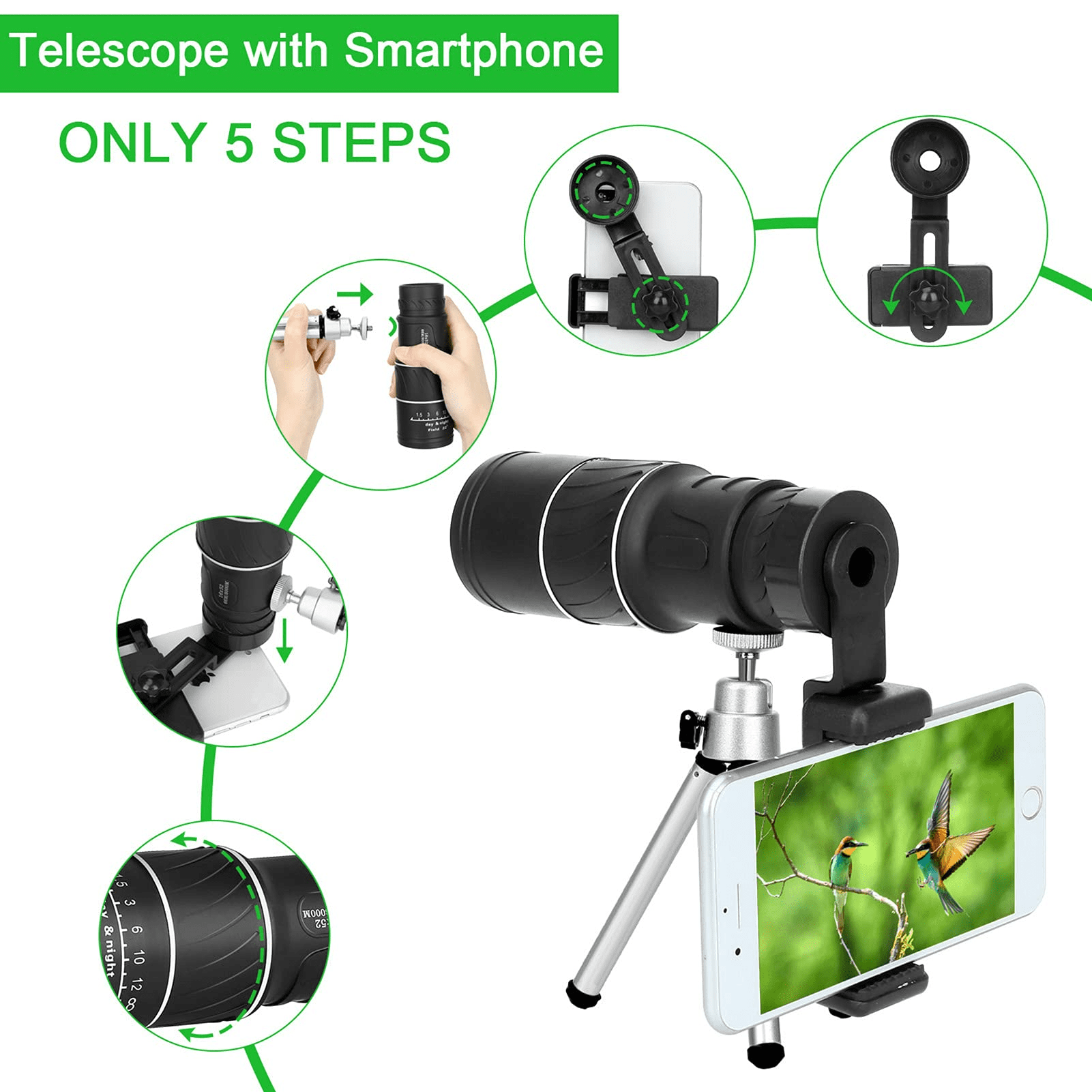 16X52 Compact Monocular Optical Lens High Definition Handheld Telescope ...