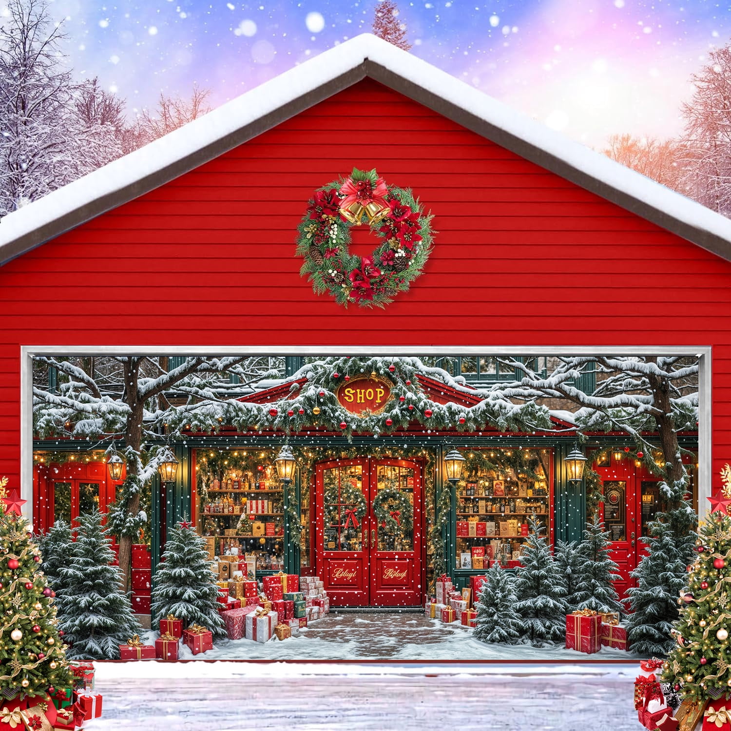 16X7 ft Christmas Garage Door Cover Dreamy Xmas Tree Forest Fairyland ...