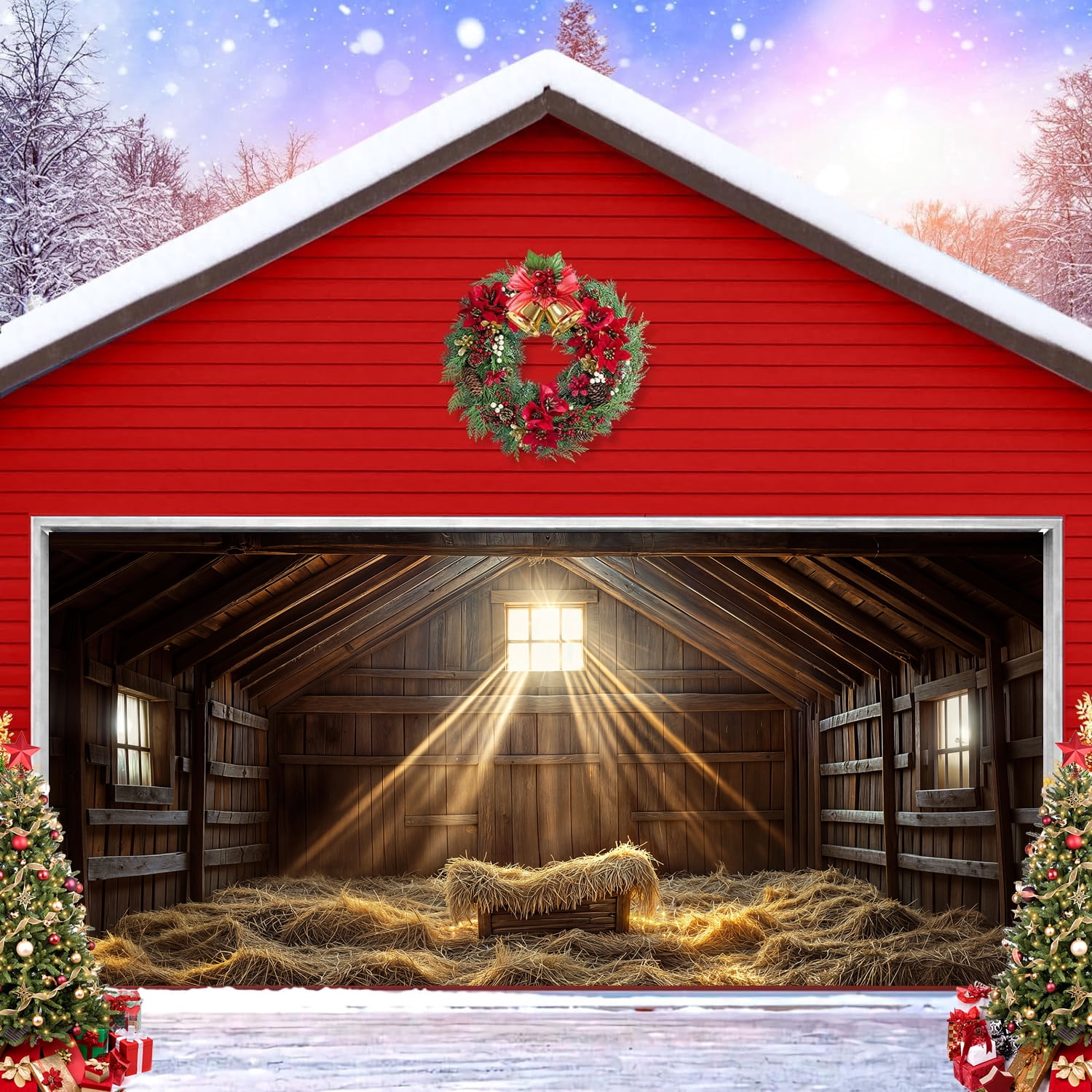 16X7 ft Christmas Manger Scene Garage Door Cover Farm Old Barn Jesus ...