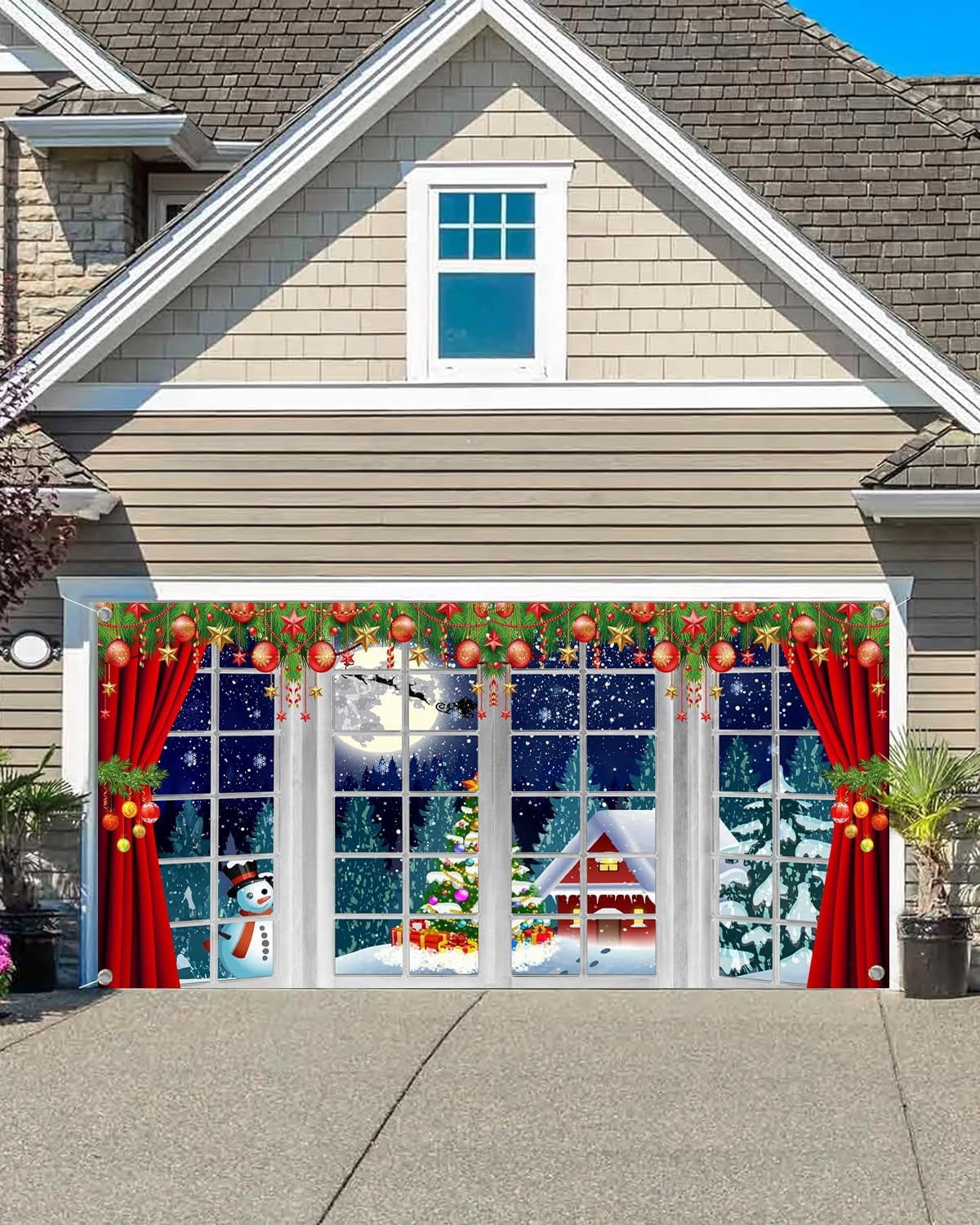 16X7 ft Christmas Window Garage Door Decoration Background Winter Snow ...
