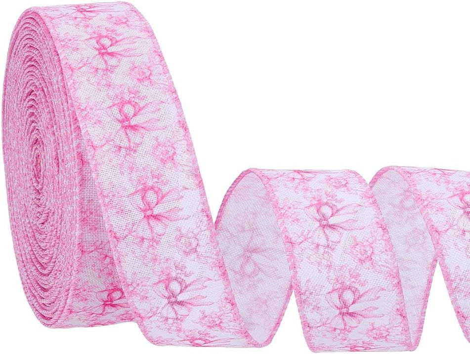 16Yards Pink Floral Wired Edge Ribbon 1-1/2 inch Wide Flower Bowknot ...