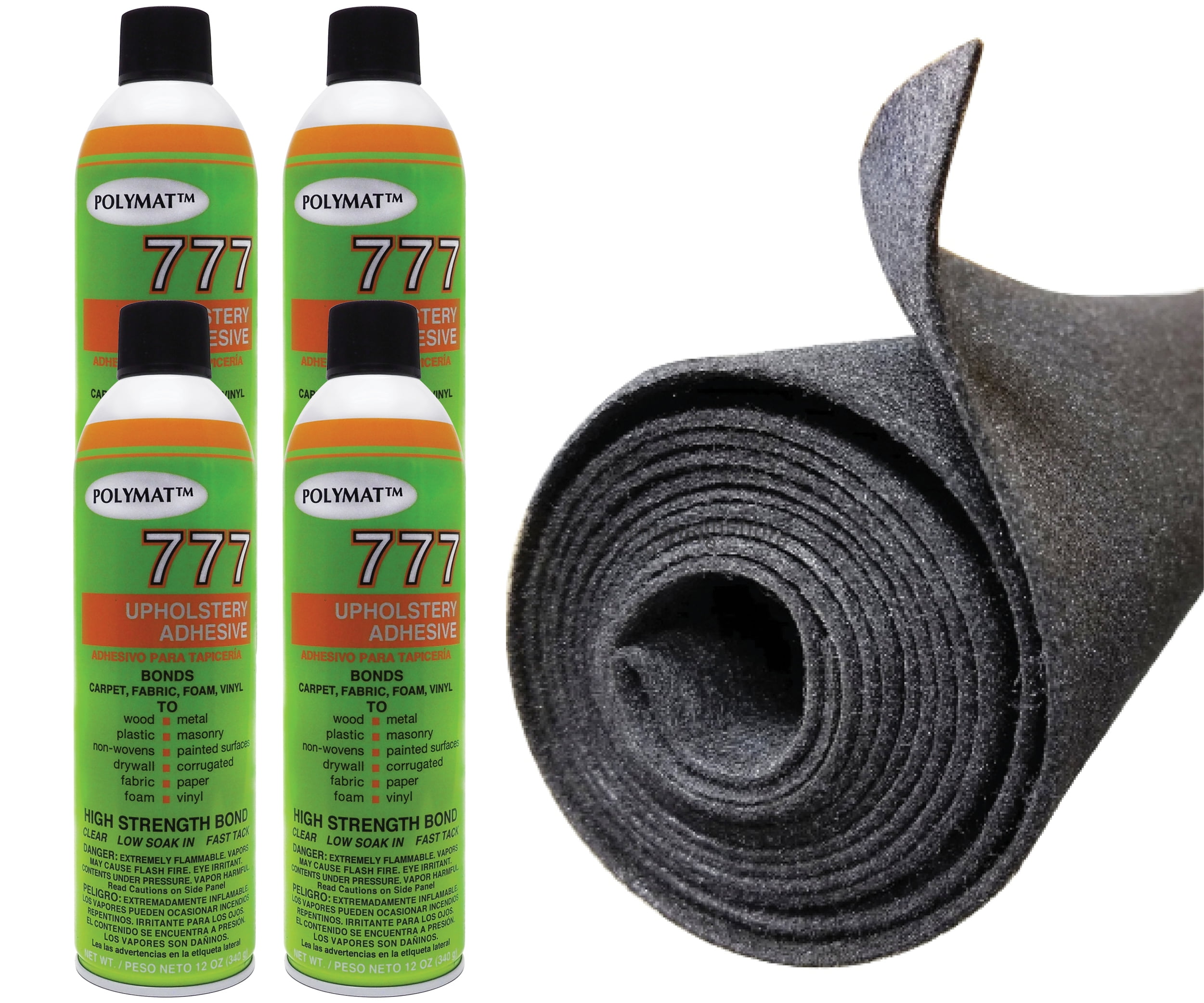 Polymat 16FT x 3.75FT + 4 Cans 777 Fabric Spray Glue Charcoal basement ...