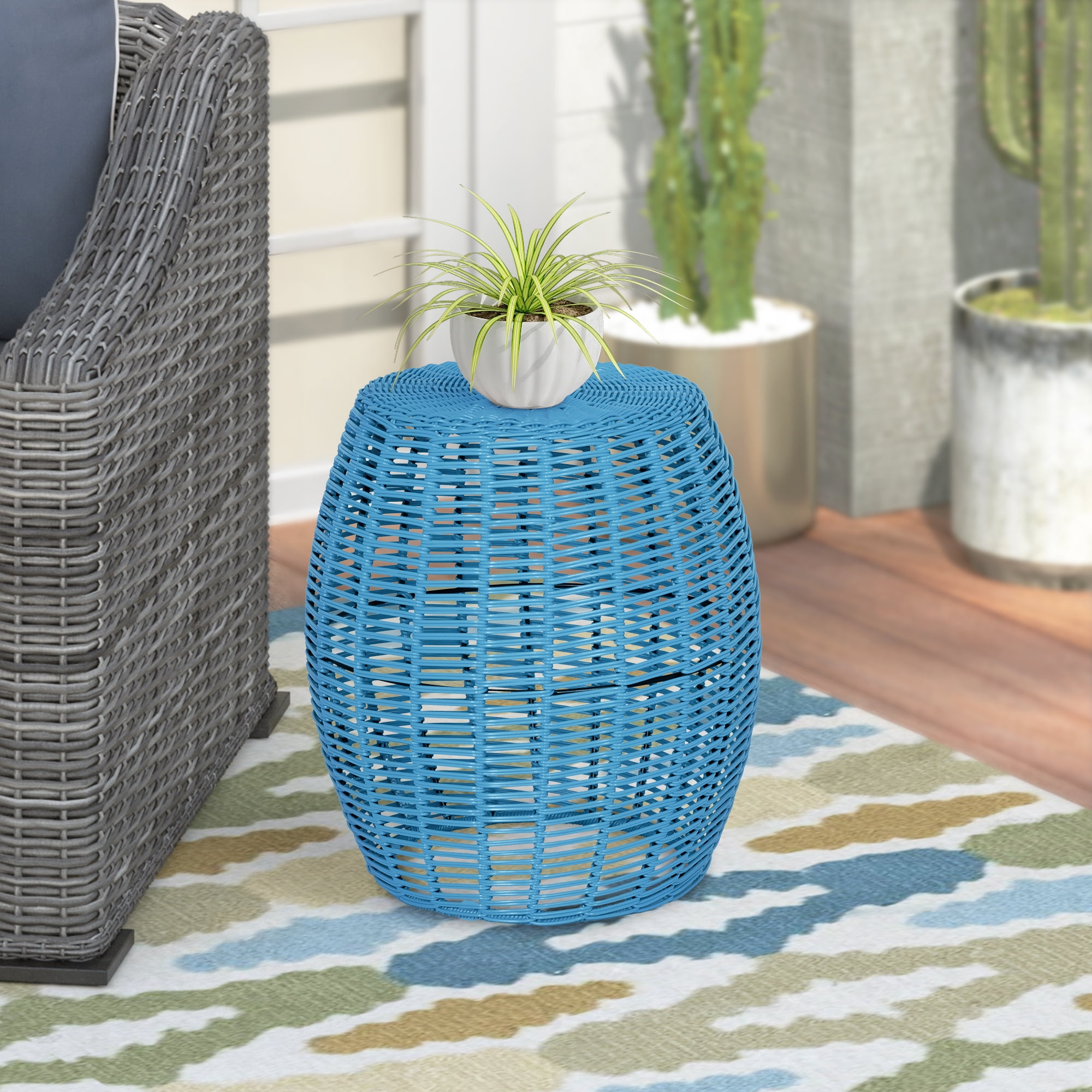 16in Wicker Outdoor Side Table - Blue - Walmart.com