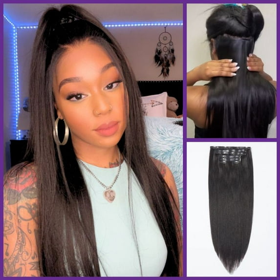 LUVME 16" Yaki Straight Clip in Hair Extensions Real Human Hair Pieces 135g 9pcs / 7pcs with ...