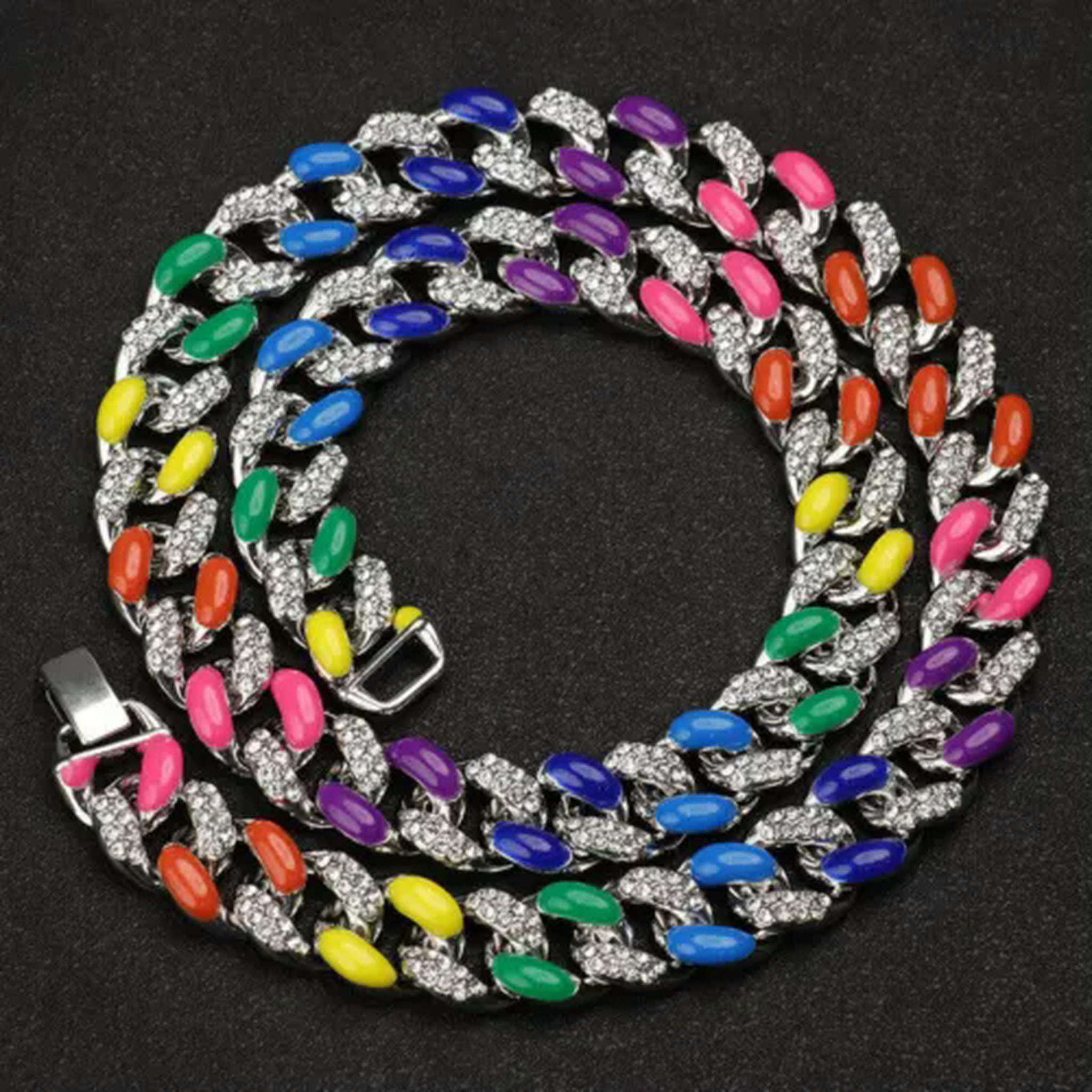 16mm Mens Cuban Link Chain Hip Hop Rapper Necklace Rainbow Rhinestones ...