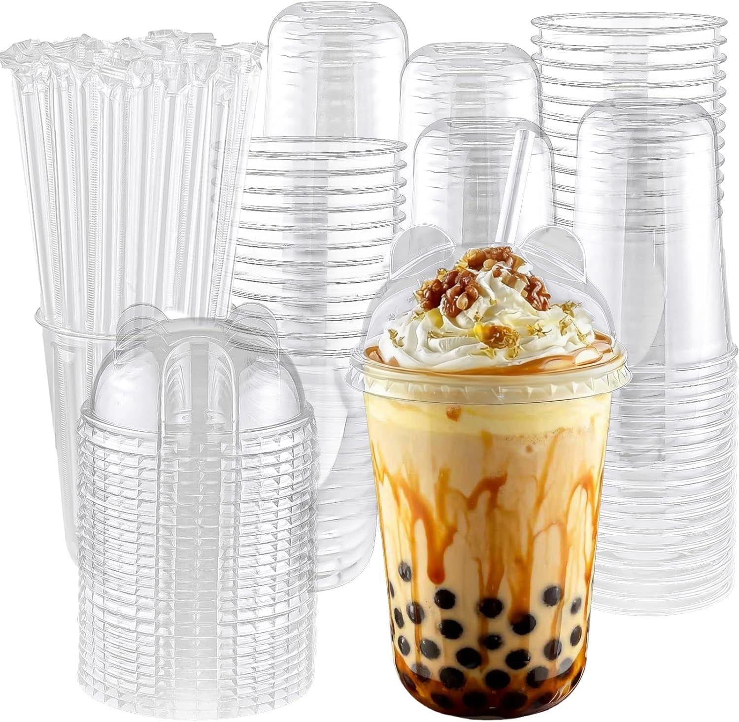 16oz 100 Set Disposable Plastic Cups with Dome Lids and Straws, Clear ...