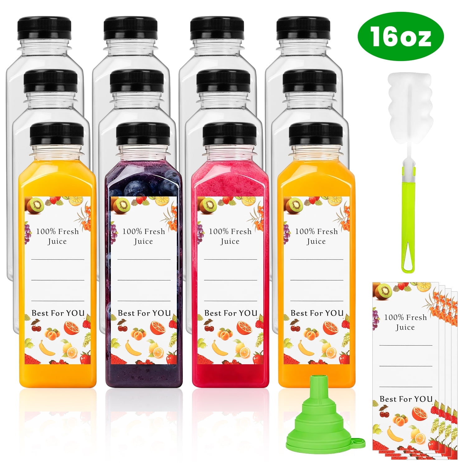 Xueyu 12pcs 16oz Plastic Juice Bottles, Reusable and Take Out Juice ...