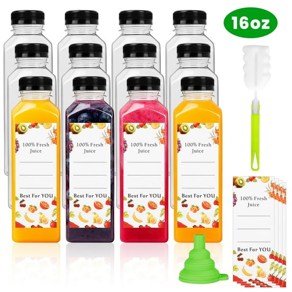 Xueyu 12pcs 16oz Plastic Juice Bottles, Reusable and Take Out Juice ...