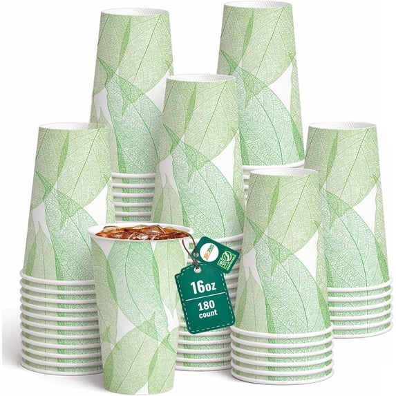 16oz 180 Count Compostable Paper Cups, BPI Certified Plant-Based ...