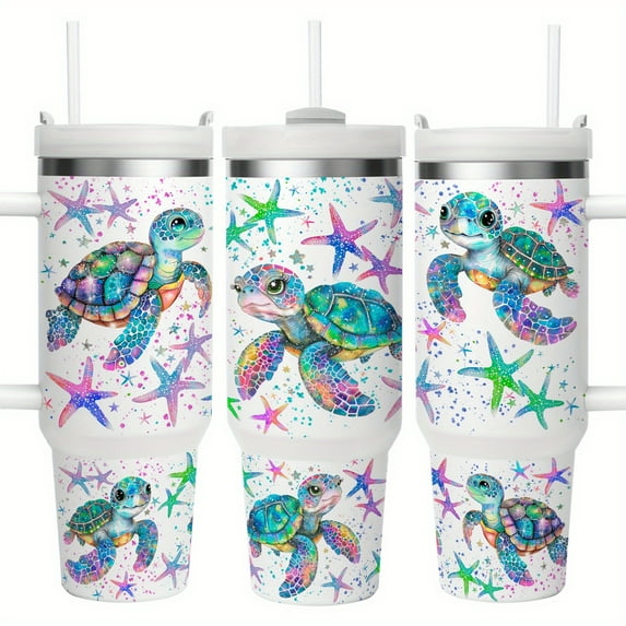 16oz/40oz Sea Turtle & Starfish Stainless Steel Tumbler - 304 Insulated Cup (24hr Cold/12hr Heat ...