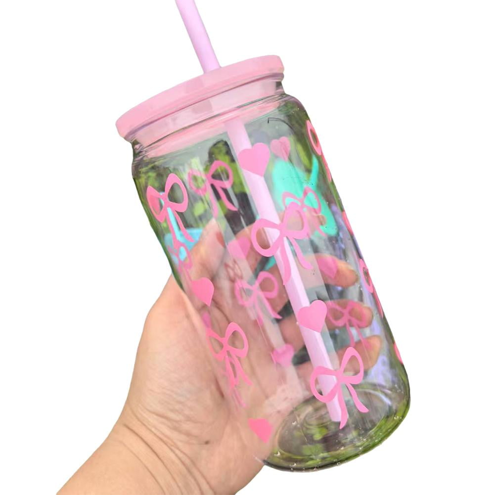 16oz Aesthetic Bow Glass Cup with Lids and Straws, Aesthetic Bows Glass ...