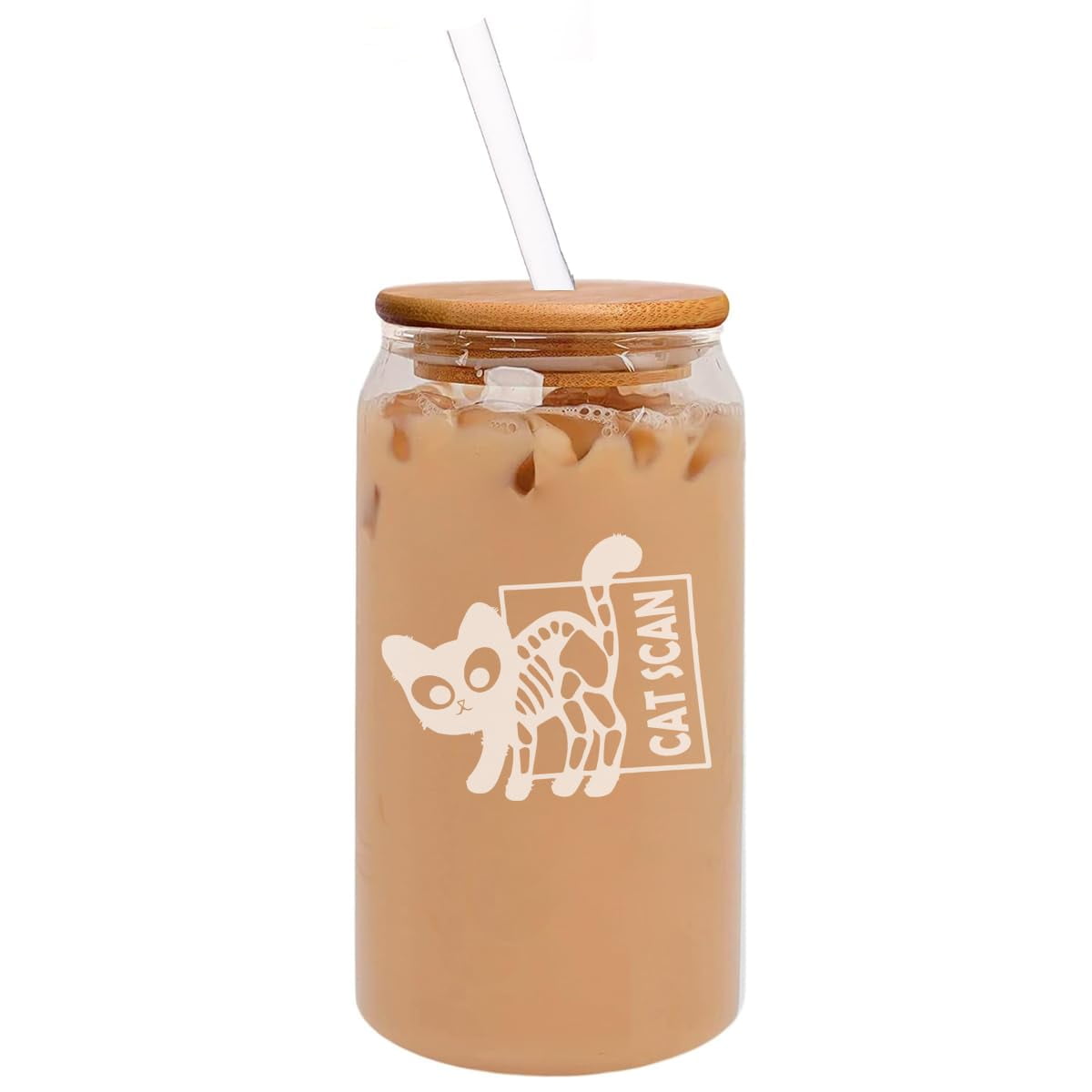 16oz Can Shaped Glass Iced Coffee Cup with Bamboo Lid and Straw Gift ...