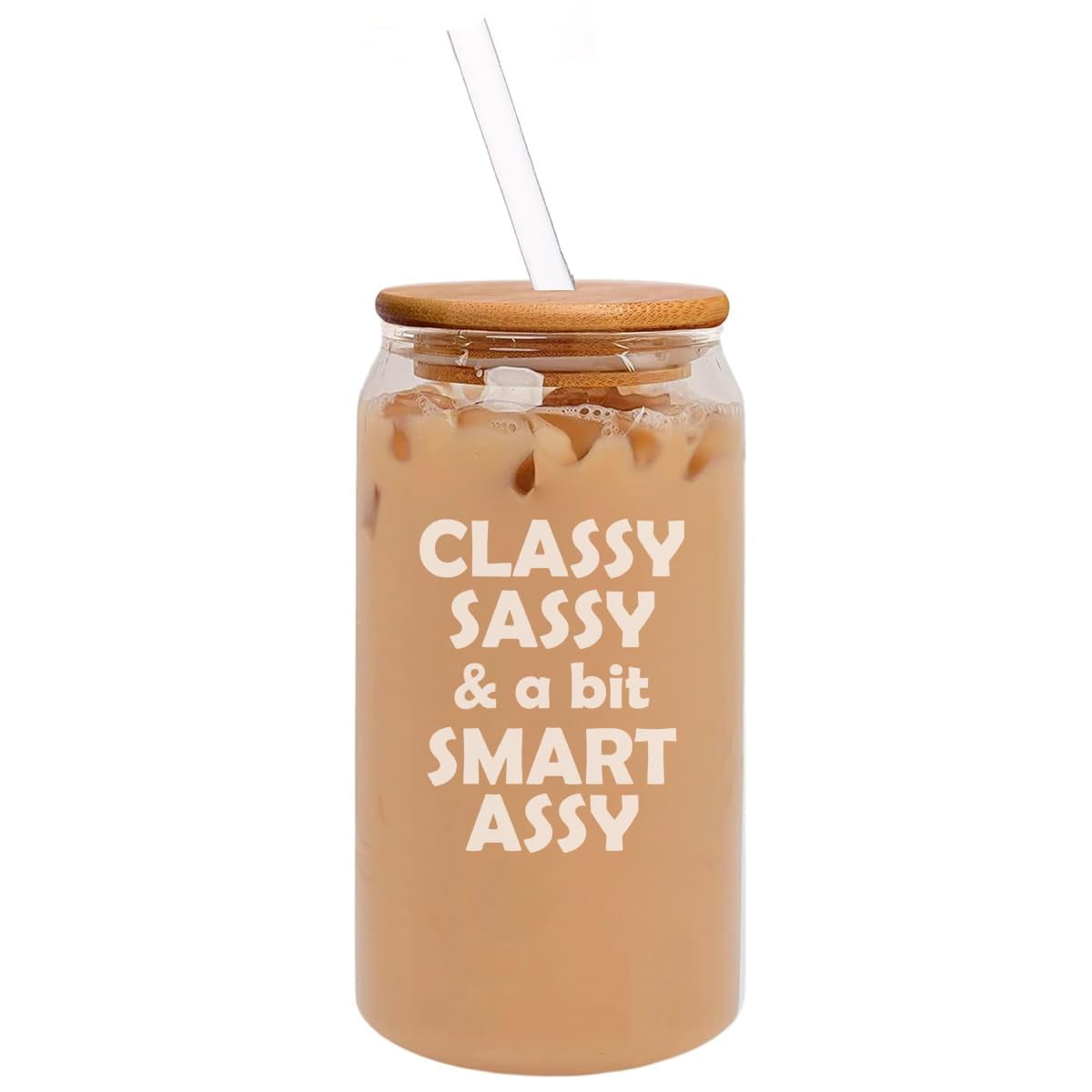 16oz Can Shaped Glass Iced Coffee Cup with Bamboo Lid and Straw Gift ...