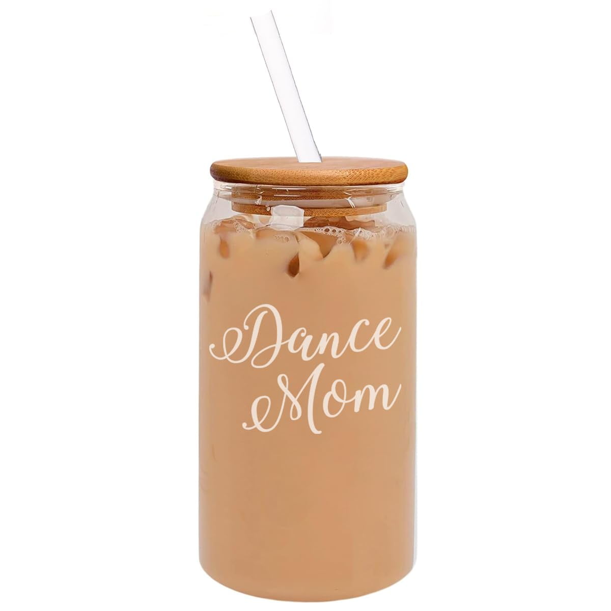 16oz Can Shaped Glass Iced Coffee Cup With Bamboo Lid And Straw T Dance Mom Script
