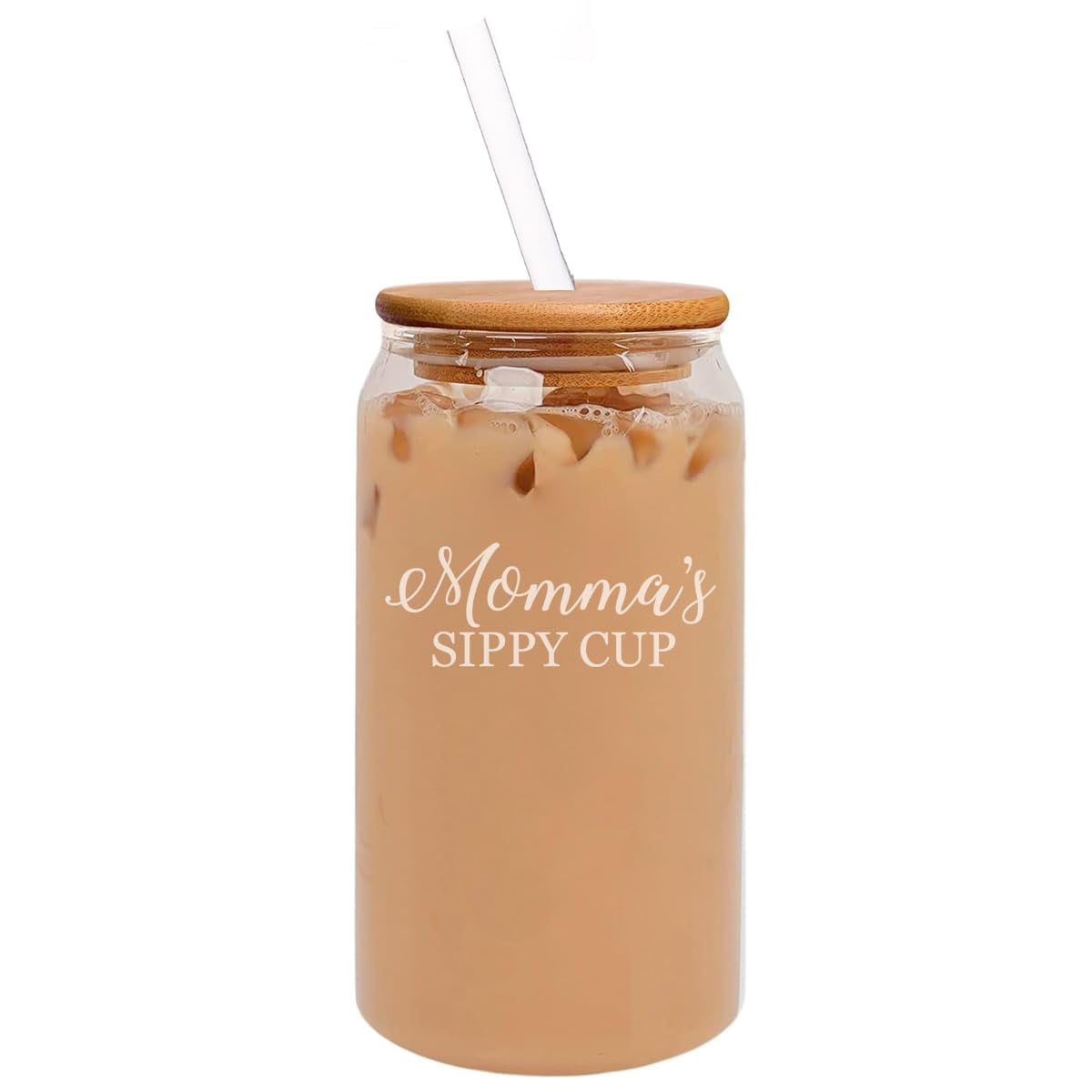 16oz Can Shaped Glass Iced Coffee Cup with Bamboo Lid and Straw Gift ...