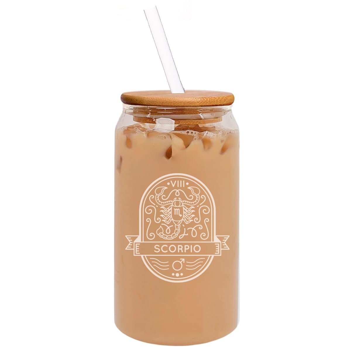 16oz Can Shaped Glass Iced Coffee Cup with Bamboo Lid and Straw Gift Mystical Zodiac Horoscope ...