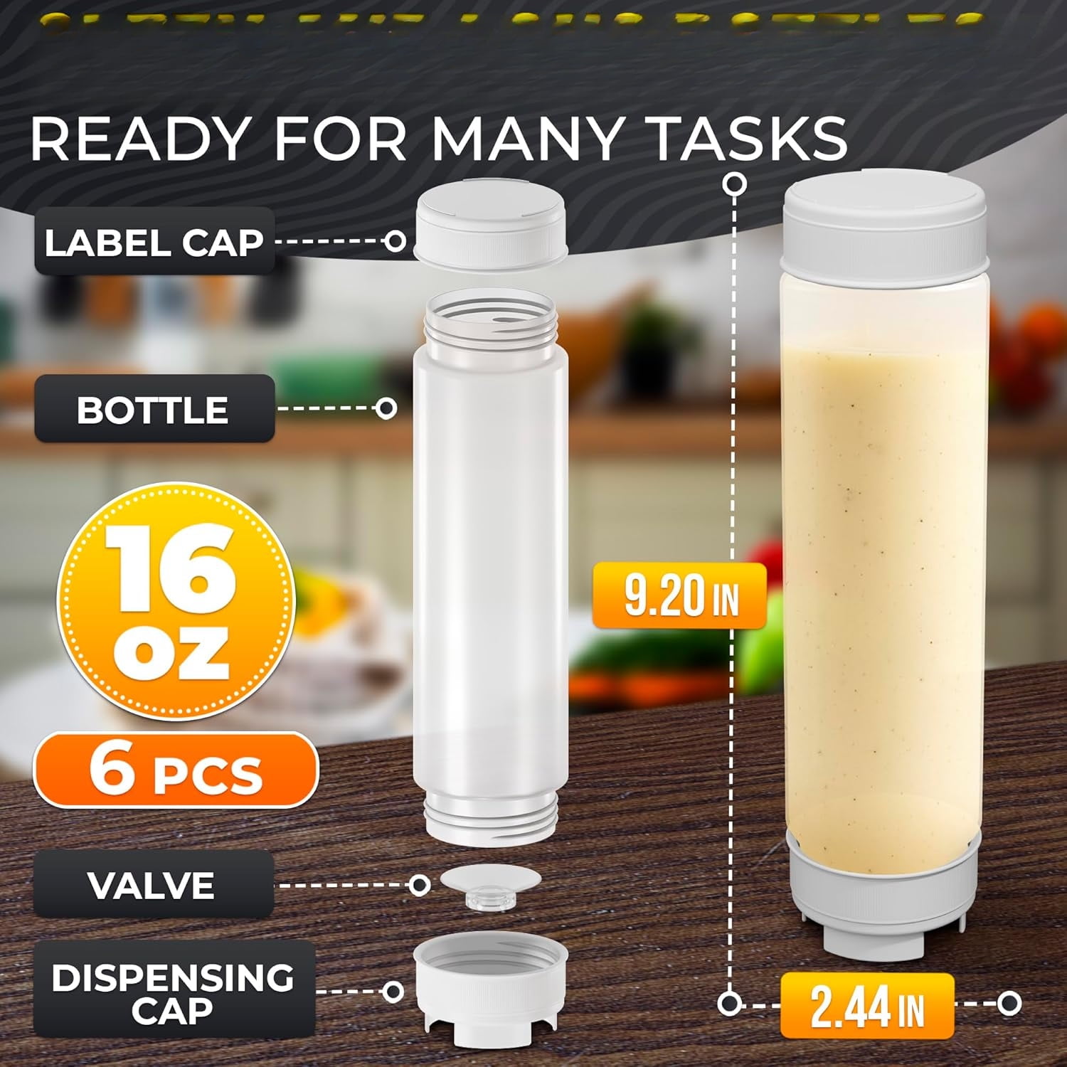 16oz Clear Condiment Squeeze Bottles with Self-Closing Valve (6-Pack ...