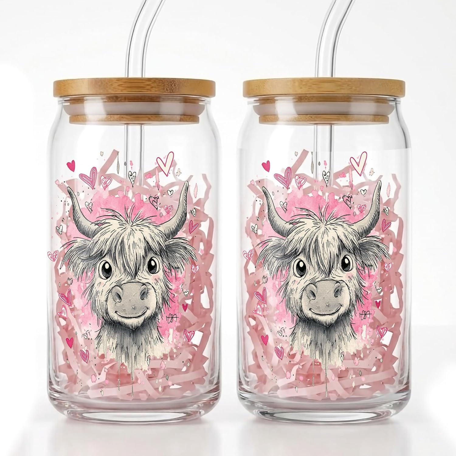 16oz Cute Highland Cow Glass Cup With Bamboo Lid and Straw,Classic ...