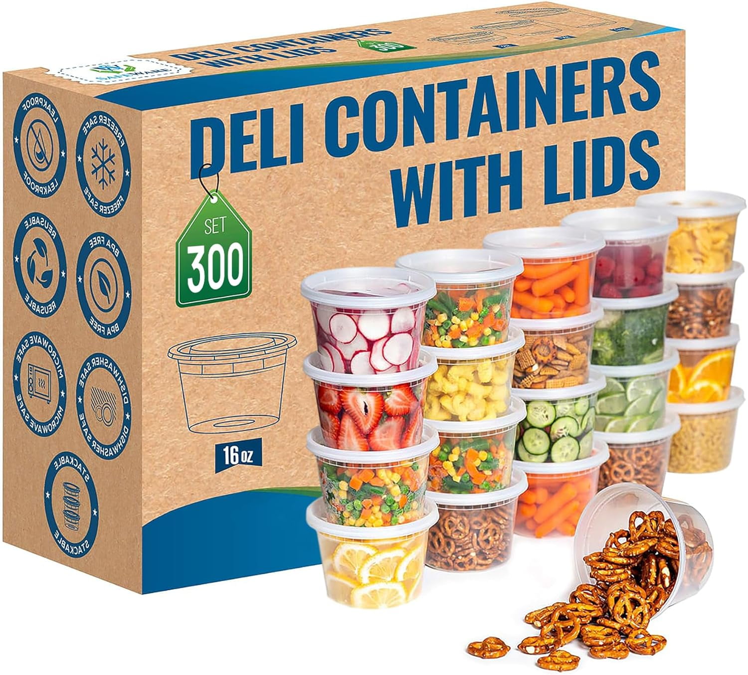 16oz Deli Food Storage Containers with Airtight Lids - 300 Sets (6 ...