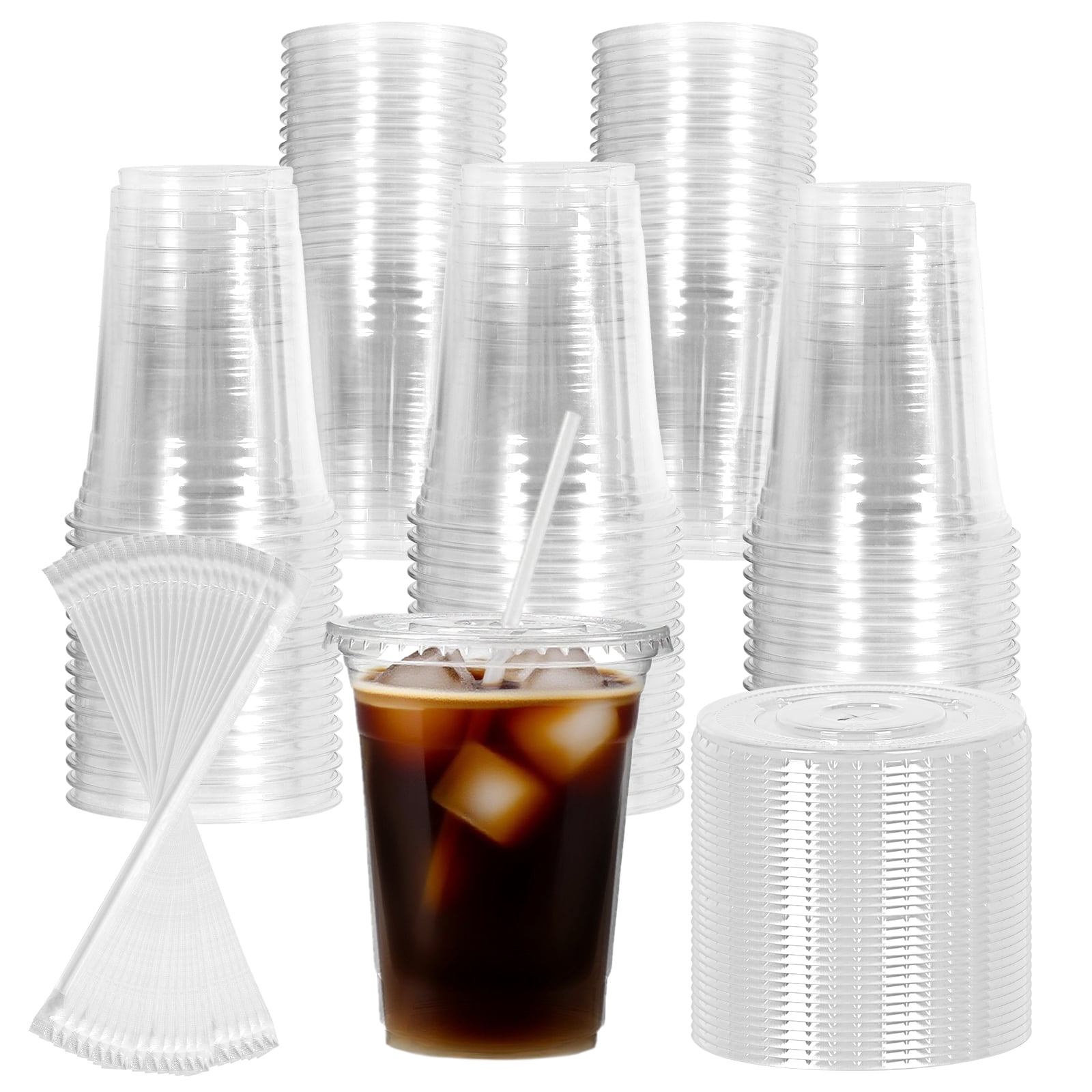 16oz Disposable Clear Cups with Leakproof Lids and Straws – 100 Sets ...