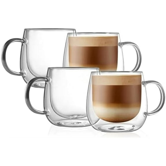16oz Double Walled Glass Coffee Mugs(4-pack),Large Clear Coffee Cups ...
