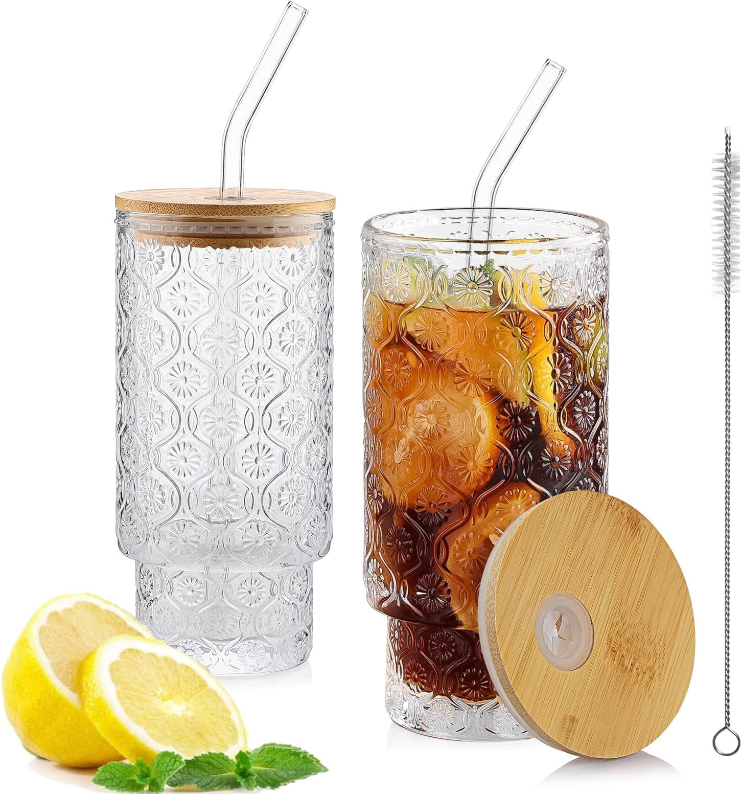 16oz Glass Cups with and Straws, 2 Pack Drinking Glasses Tumblers ...