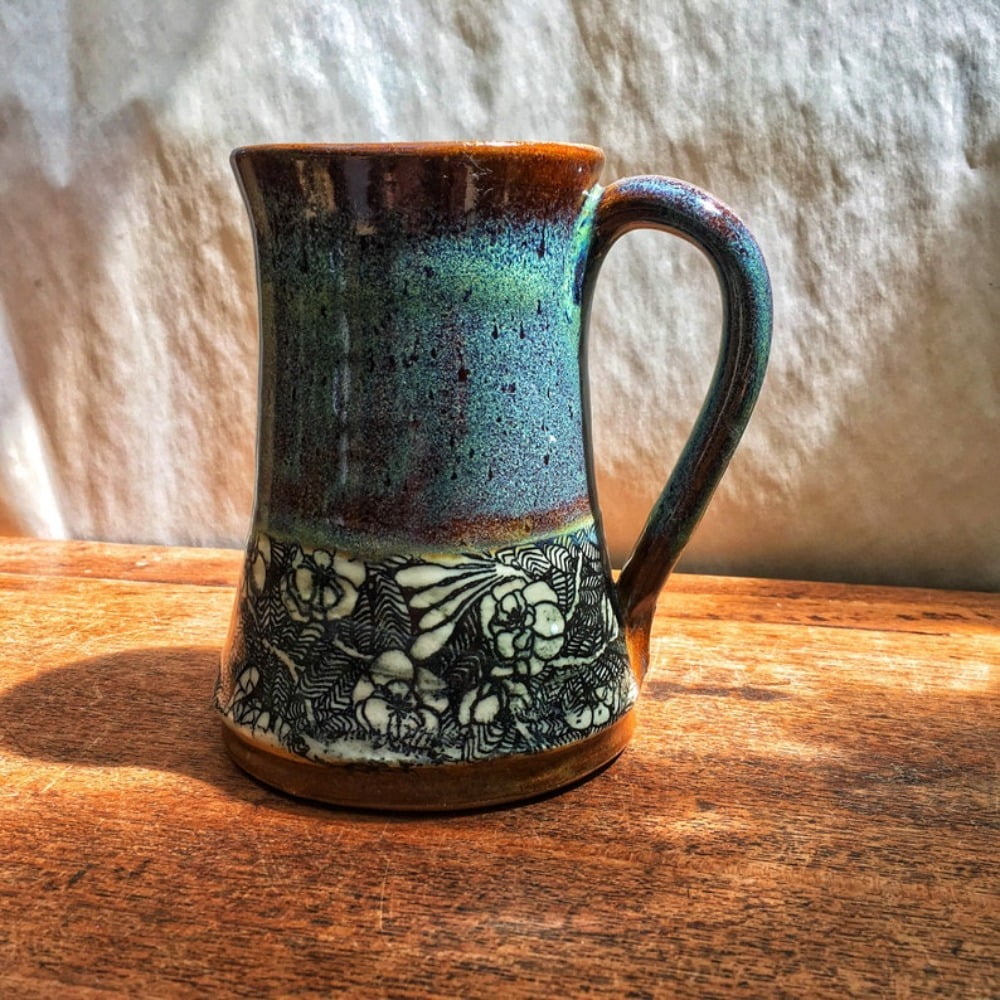 16oz Handmade Turquoise Pottery Mug, Rustic Floral Print Mug with Lid ...