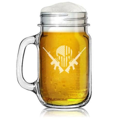 16oz Mason Jar Glass Mug w/Handle Gift American Flag Skull With Guns ...