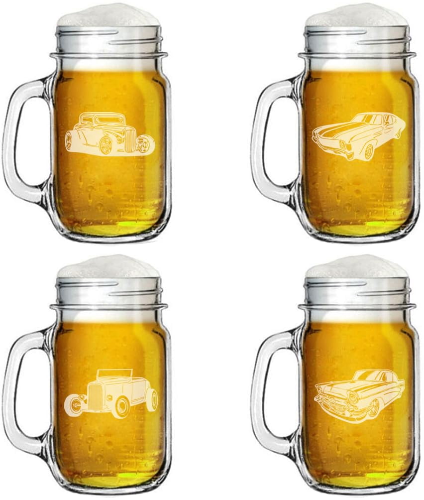 16oz Mason Jar Glass Mug w/Handle Gift Set of 4 Classic Cars Hotrod ...