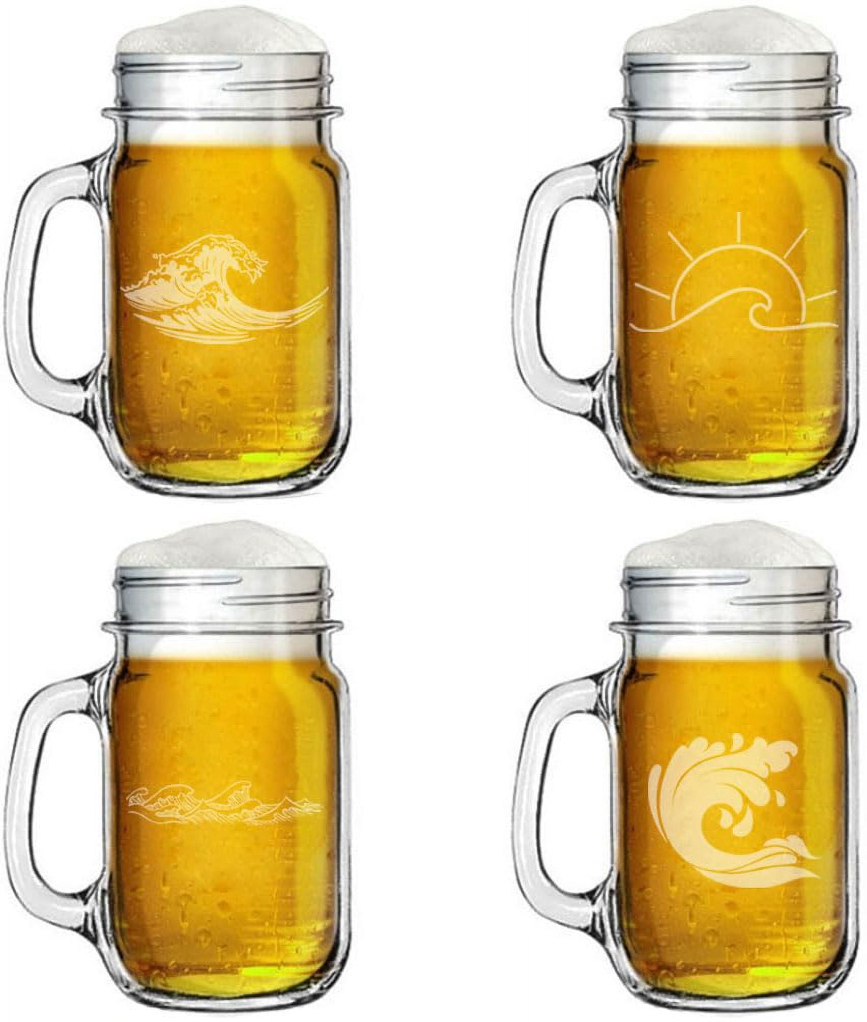 16oz Mason Jar Glass Mug w/Handle Gift Set of 4 Wave Ocean Lake River ...