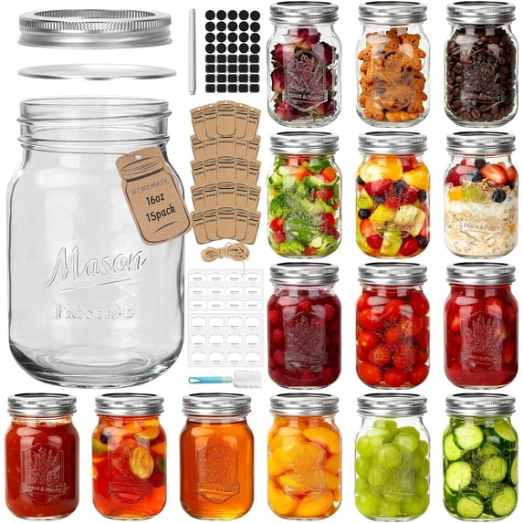 16oz Mason Jars, 15 Pack Embossed Glass Canning Jars with Lids and ...