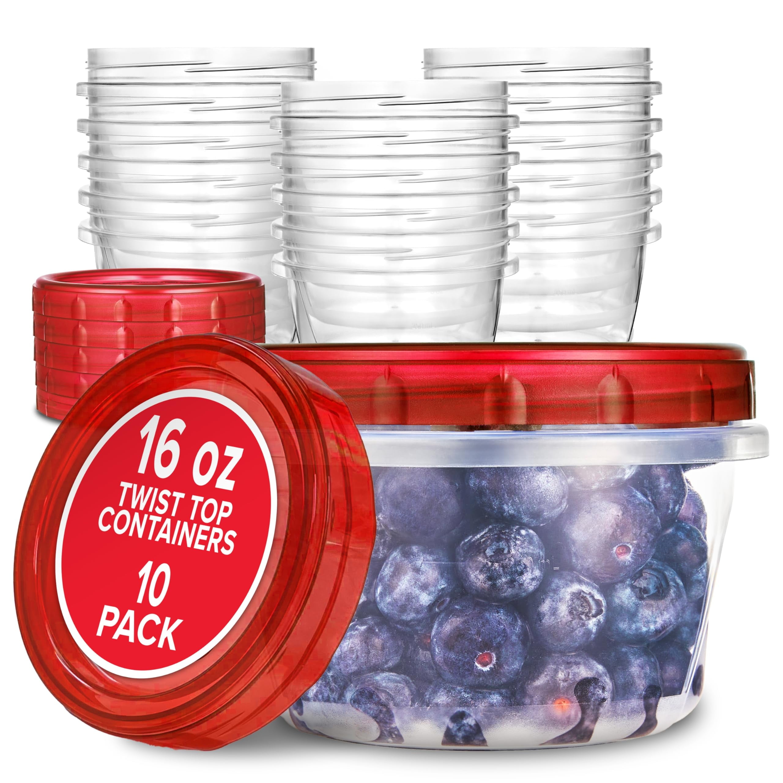 16oz Plastic Containers with Red Twist Top Lids (10 Pack) – 2-Cup ...