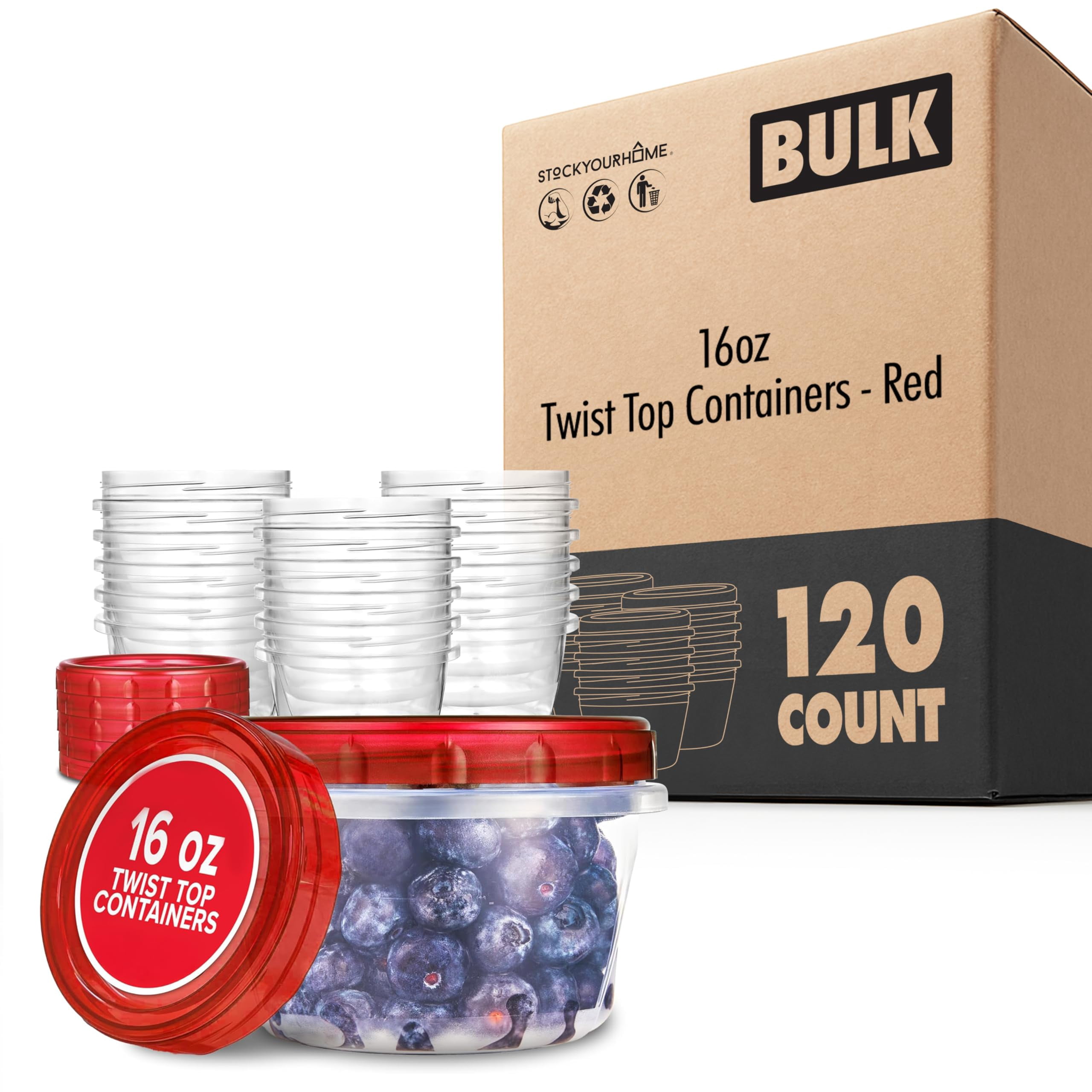 16oz Plastic Containers with Red Twist Top Lids (120 Pack) – 2-Cup ...