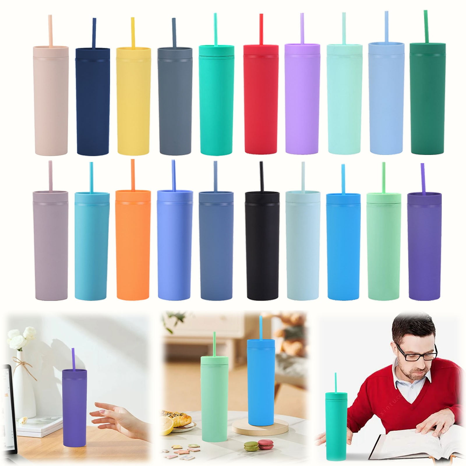 16oz Slim Double Wall Reusable Tumbler with Lid for Coffee Water and ...