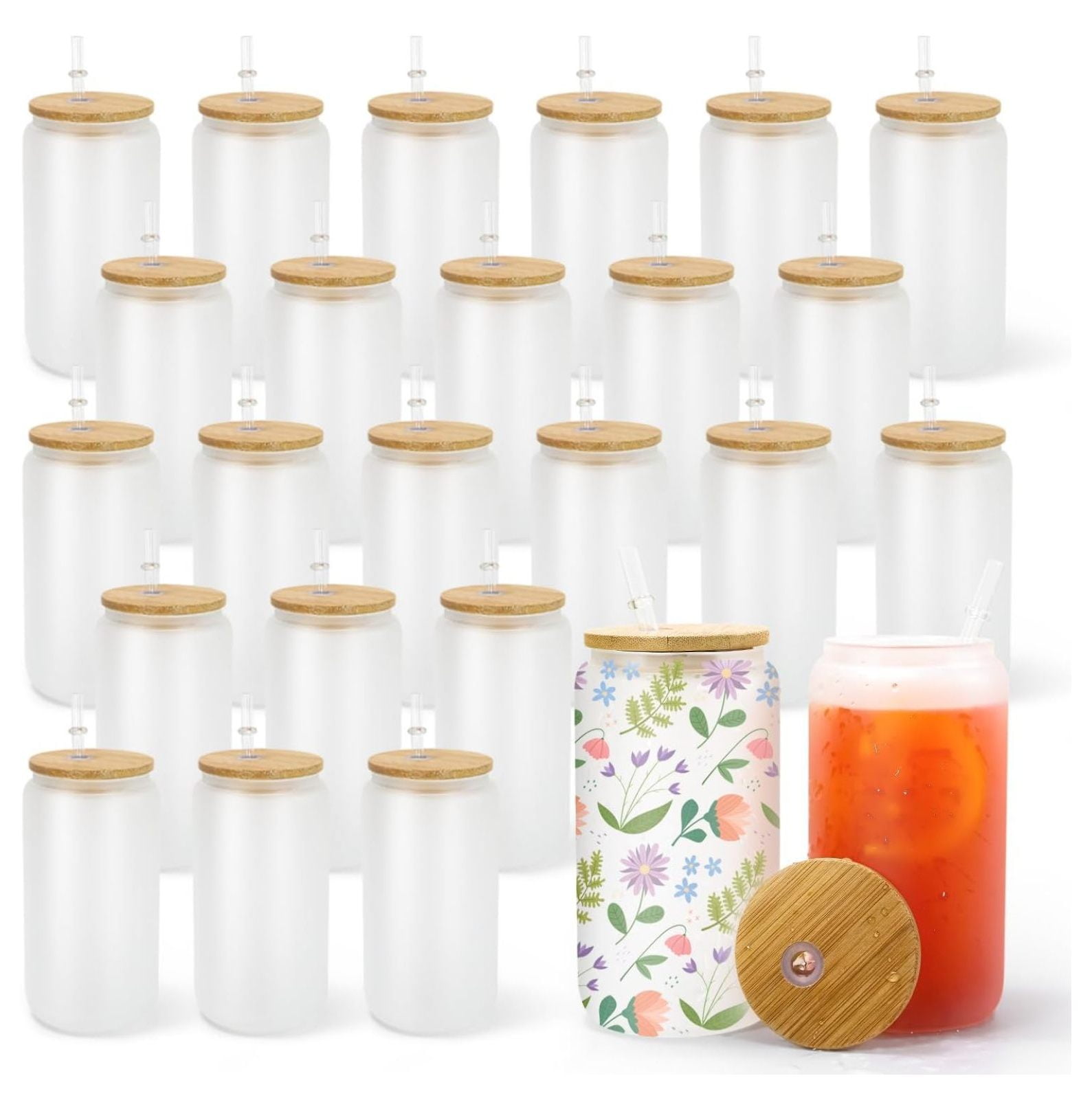 16oz Sublimation Glass Cups with Bamboo Lid and Straw, 25PCS Sublimation Glass Cans Blanks ...