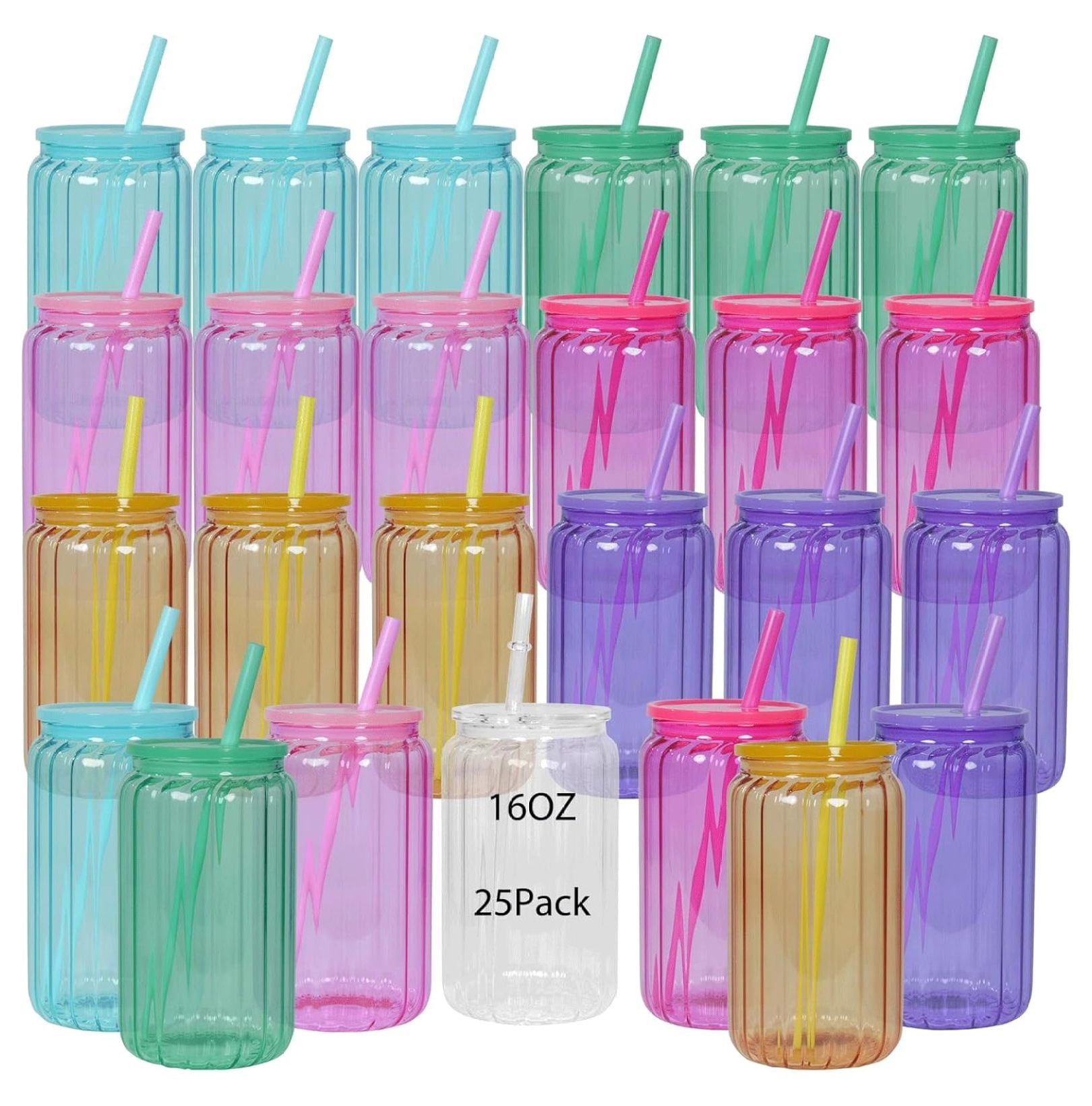 16oz Sublimation Glass Cups with Lids and Straws,25Pack Colorful Clear ...