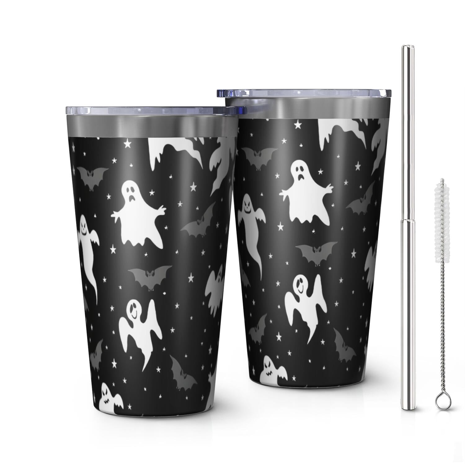 16oz Tumblers Black Halloween Ghosts Bats and Stars Stainless Steel ...