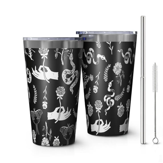 16oz Tumblers Black Hand Flower Snake Pattern Stainless Steel Vacuum ...