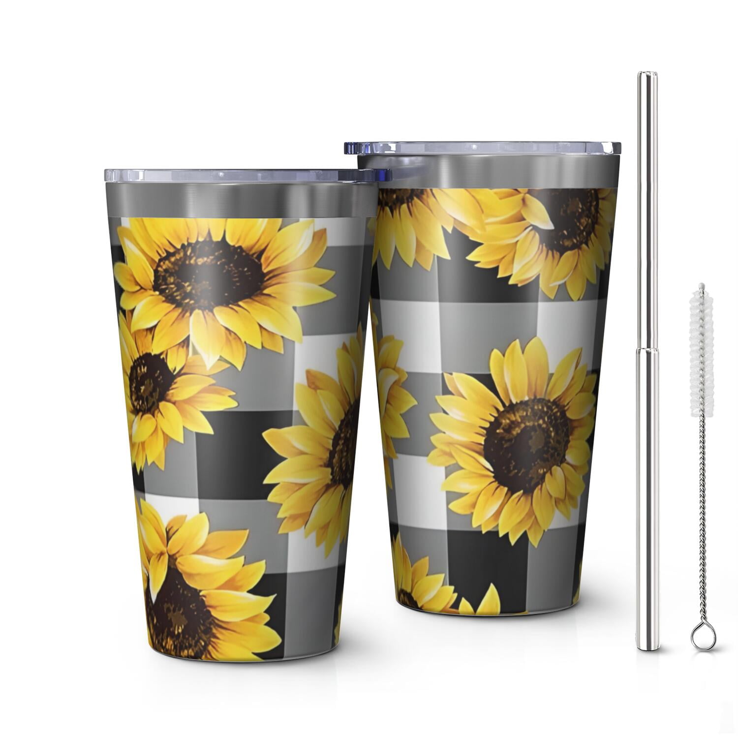 16oz Tumblers Black White Gray Checker Sunflower Pattern Stainless Steel Vacuum Insulated Double ...