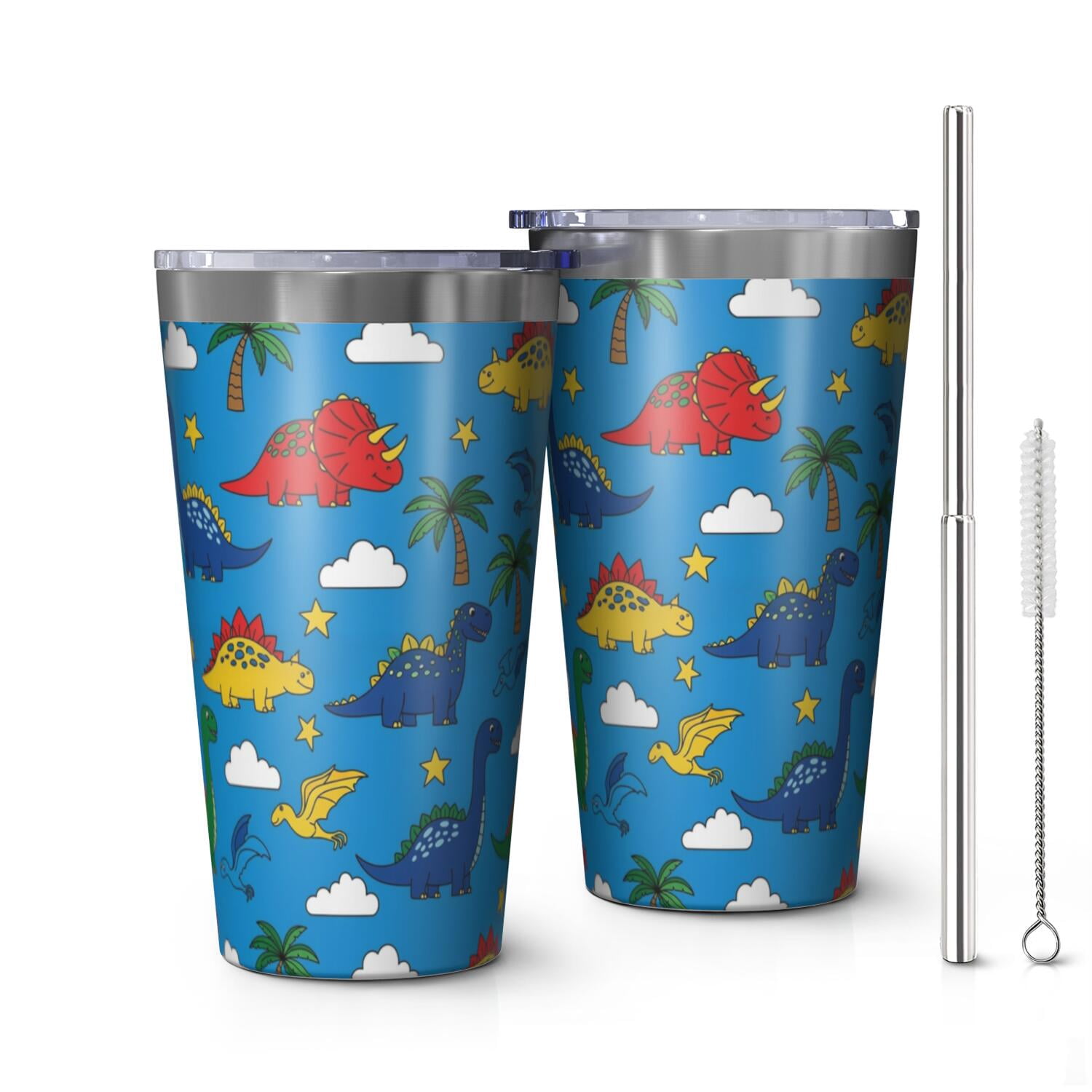 16oz Tumblers Blue Cartoon Dinosaurs Clouds Stars Pattern Stainless ...