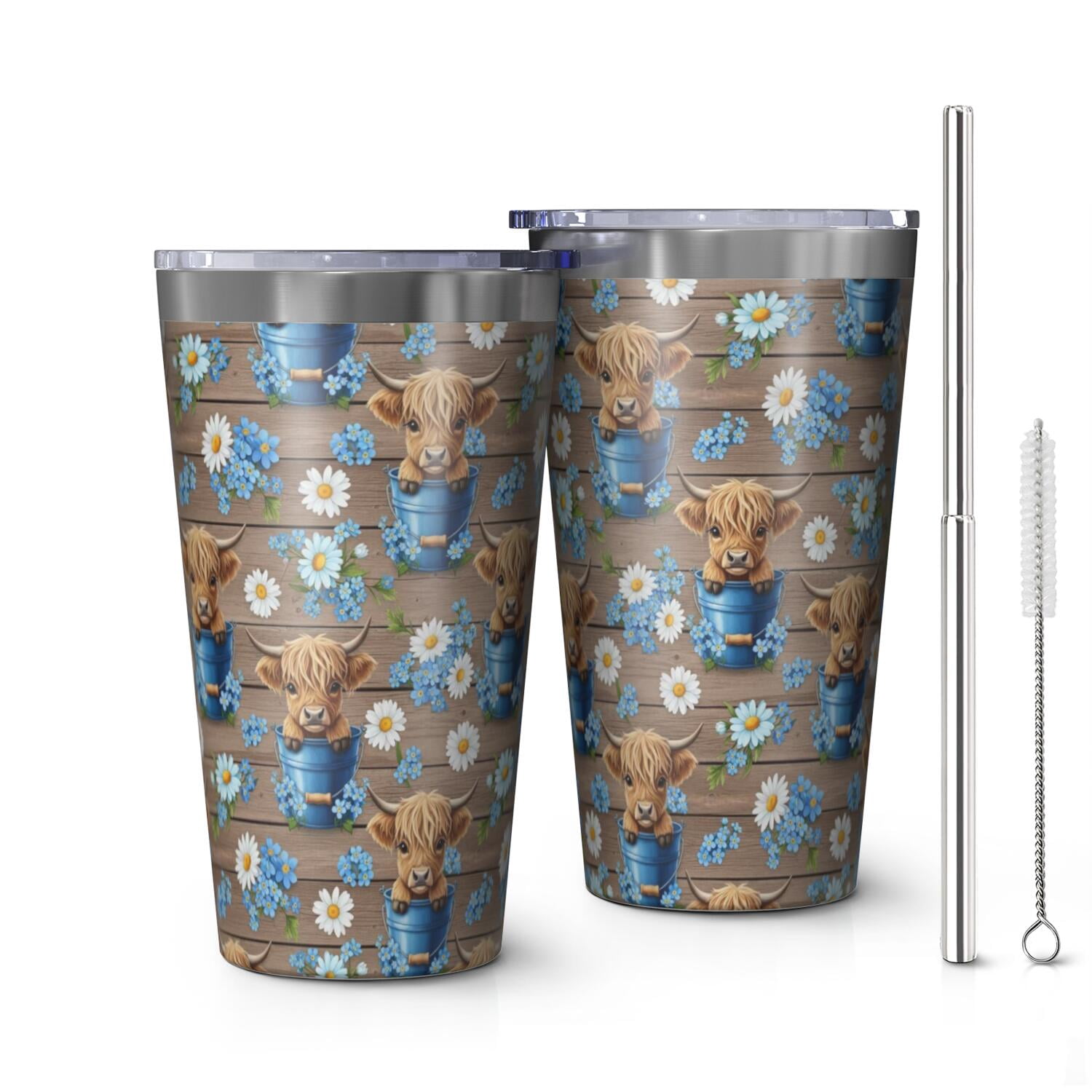 16oz Tumblers Brown Highland Cow Blue Bucket Flower Pattern Stainless ...