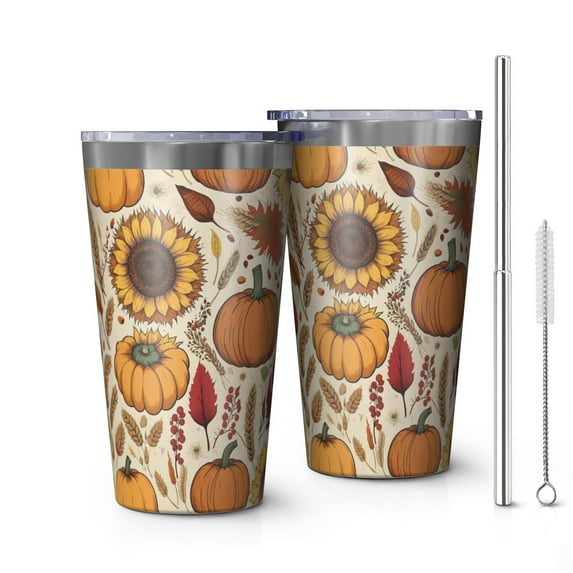 16oz Tumblers Fall Pumpkins Sunflowers Autumn Pattern Stainless Steel ...
