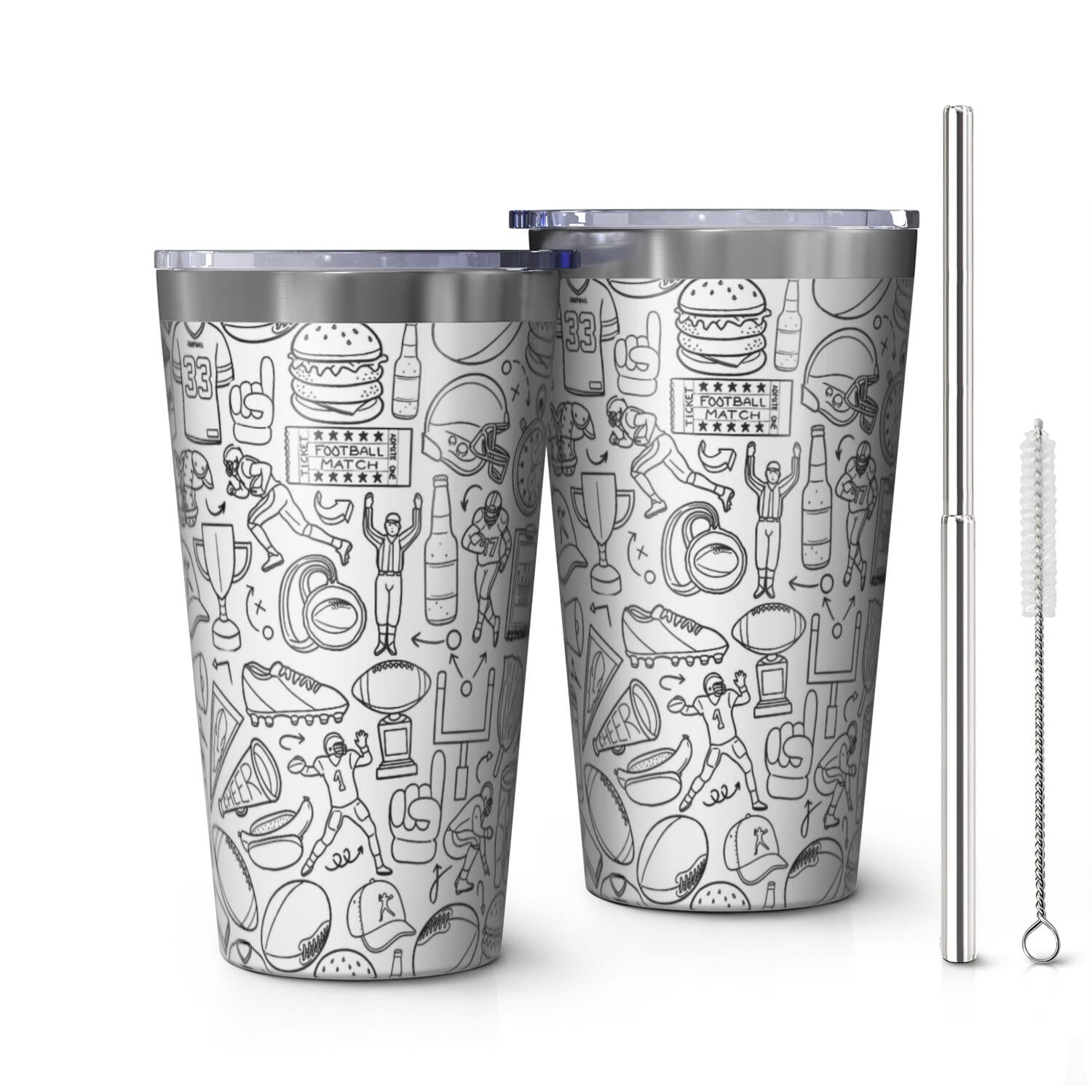 16oz Tumblers Football Icons Pattern Stainless Steel Vacuum Insulated ...