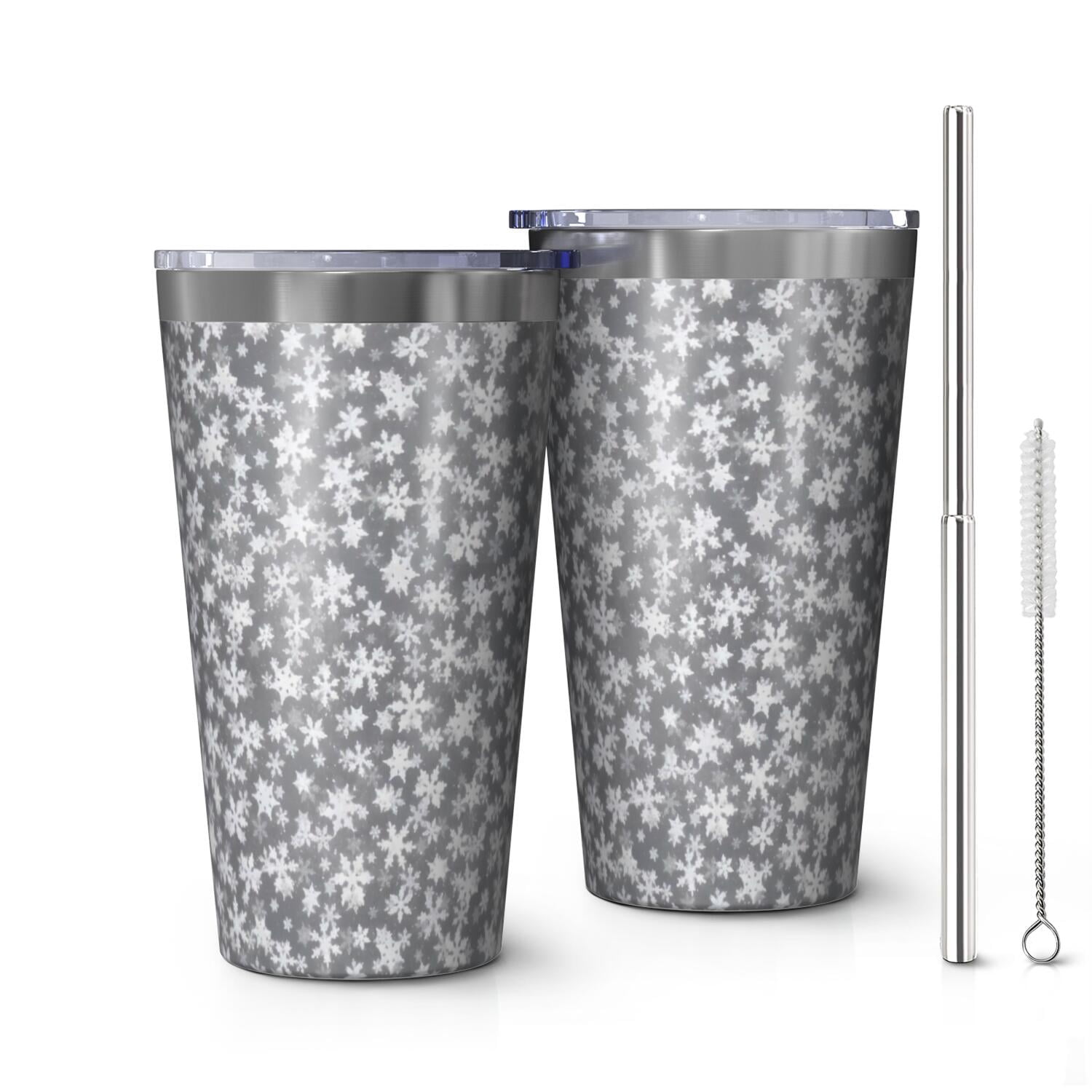 16oz Tumblers Gray Christmas Snowflake Pattern Stainless Steel Vacuum ...