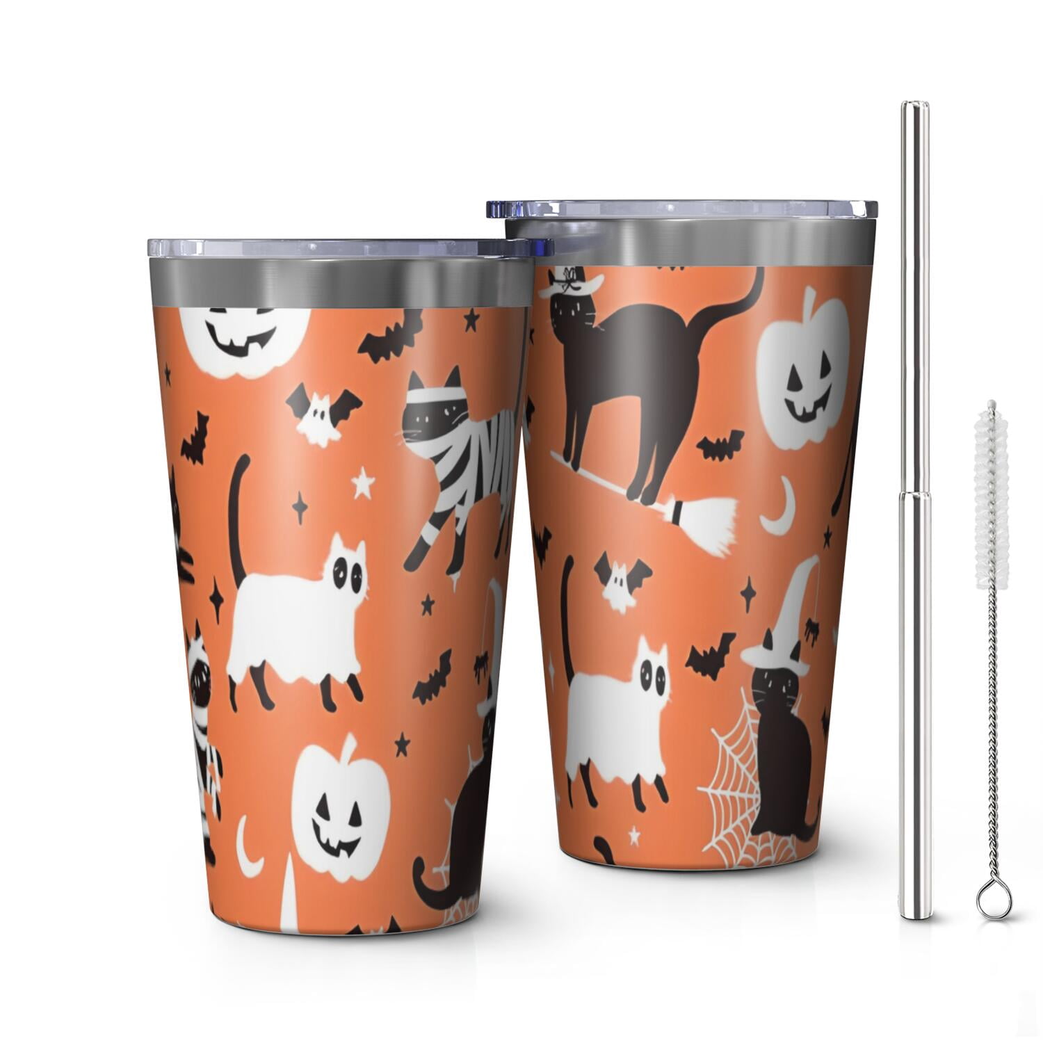 16oz Tumblers Halloween Cats with Pumpkin and Bat Motifs Stainless ...