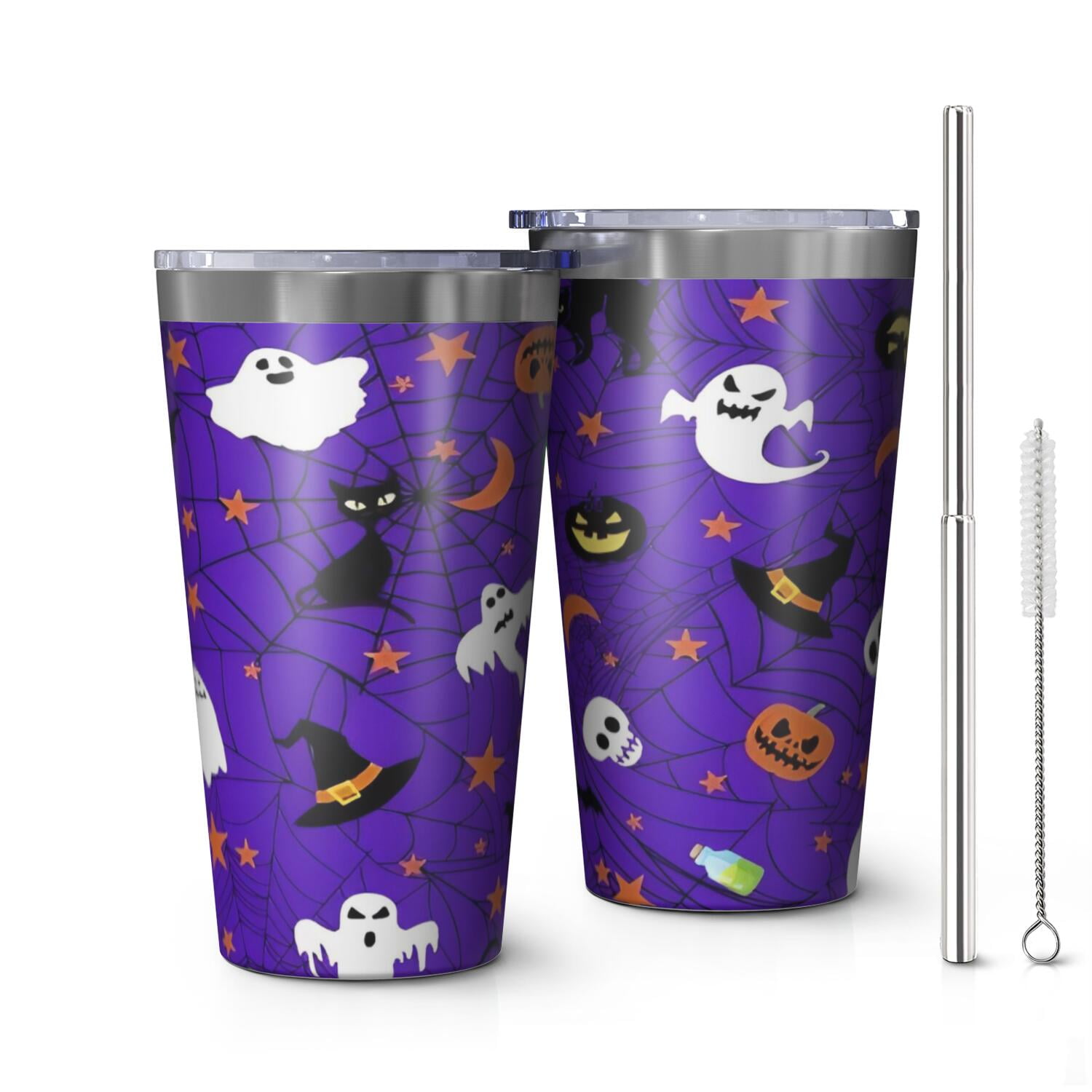 16oz Tumblers Halloween Purple Spider Web Pattern Stainless Steel Vacuum Insulated Double Wall ...