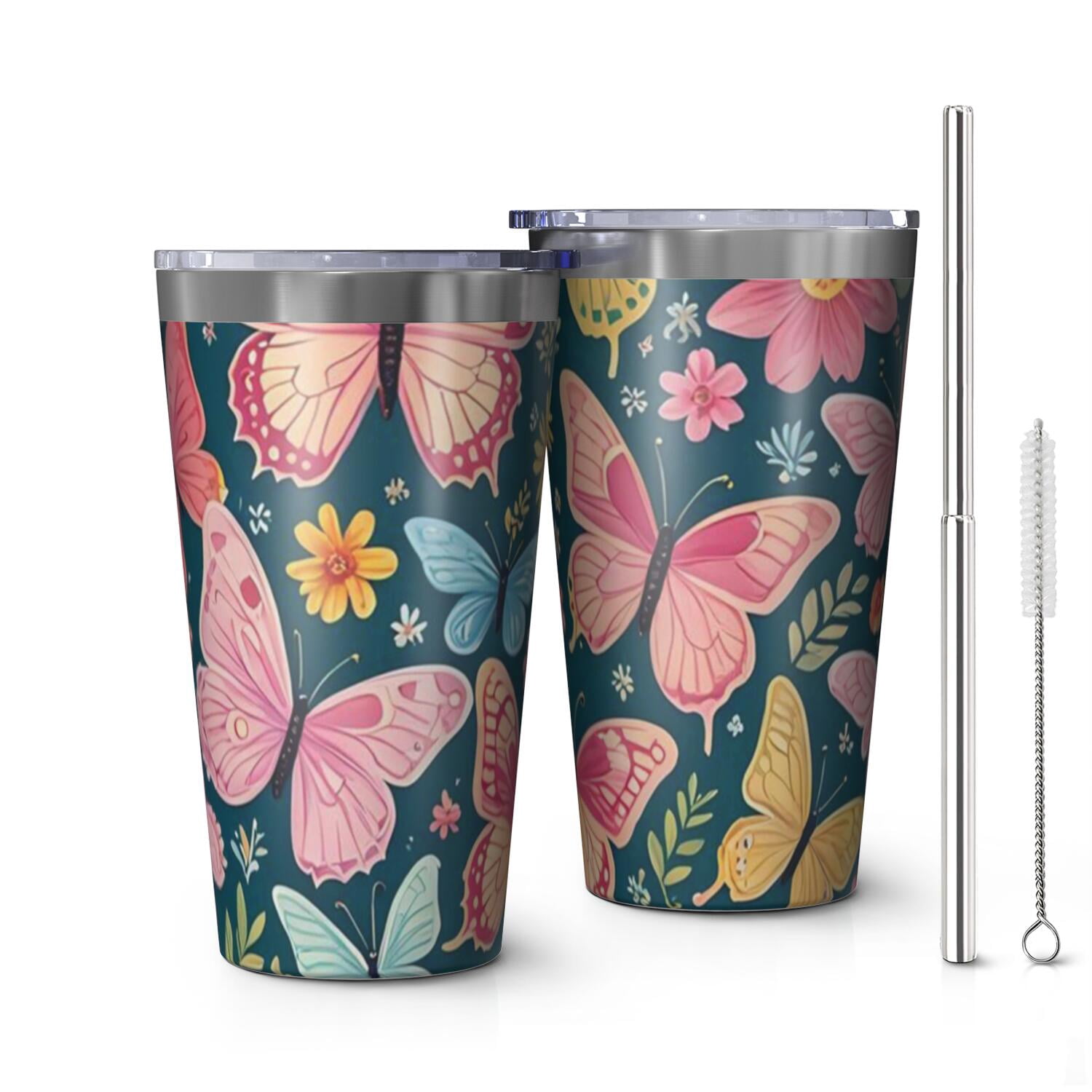 16oz Tumblers Pink Butterfly Rose Daisy Green Pattern Stainless Steel ...