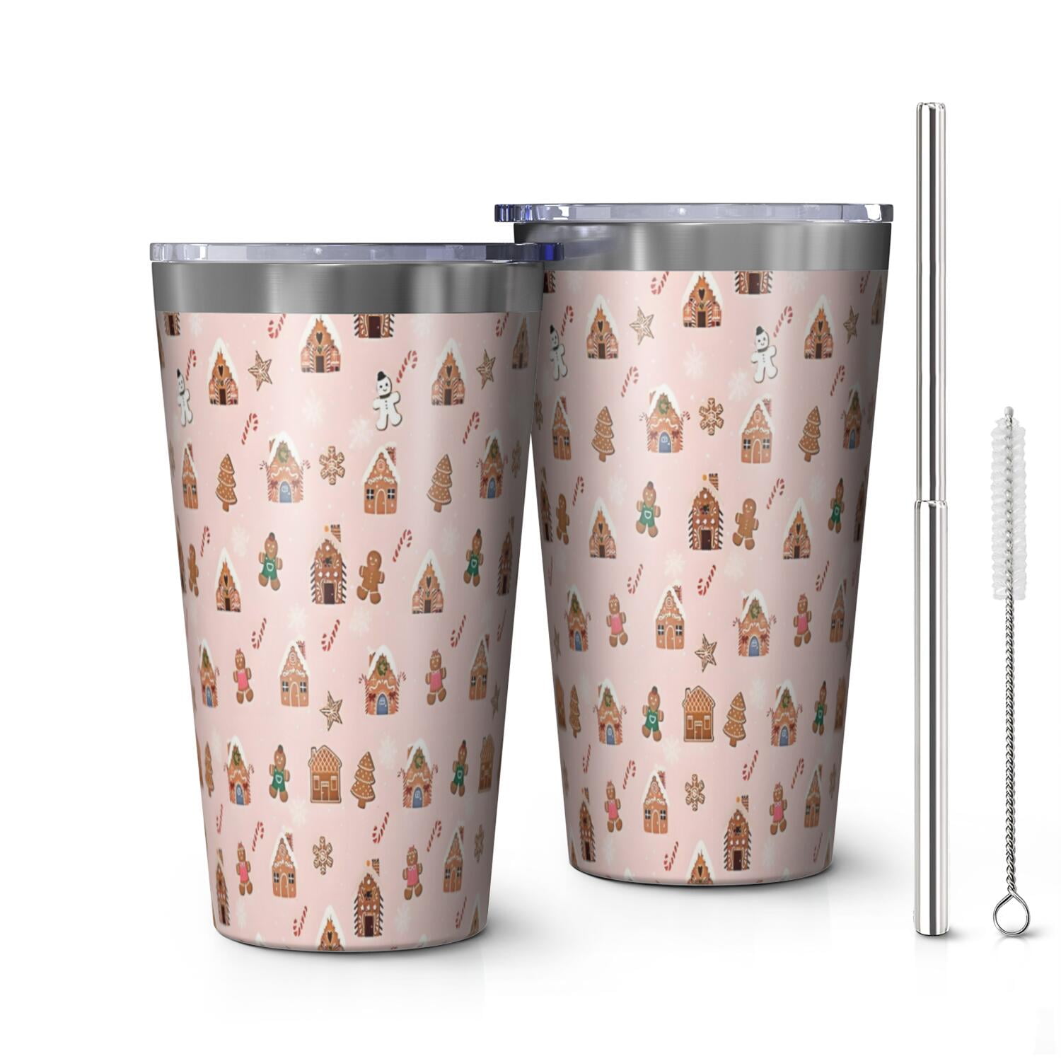 16oz Tumblers Pink Christmas Gingerbread House Pattern Stainless Steel ...